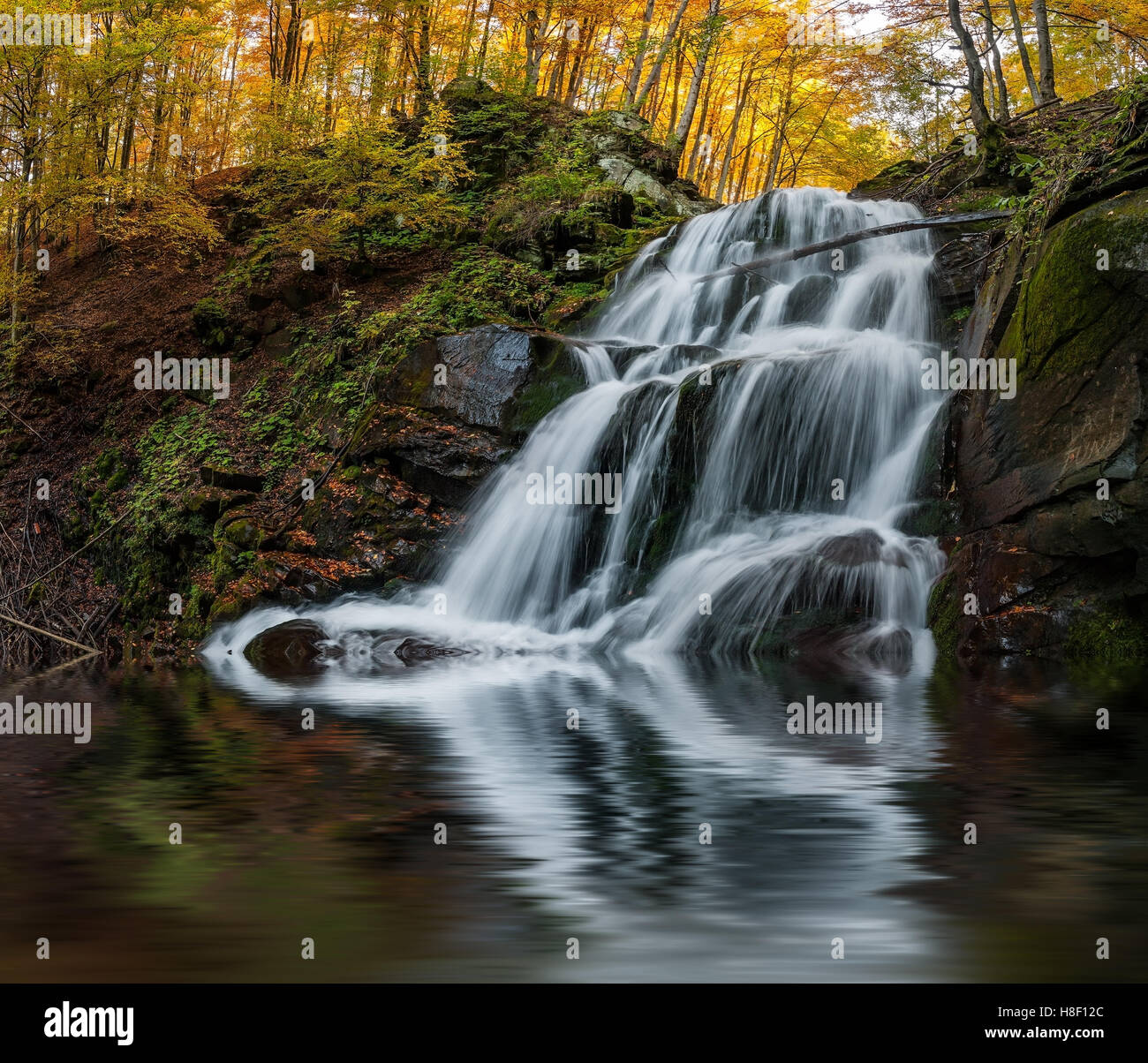 Beautiful autmn waterfall reflection in lake, landscape Stock Photo - Alamy