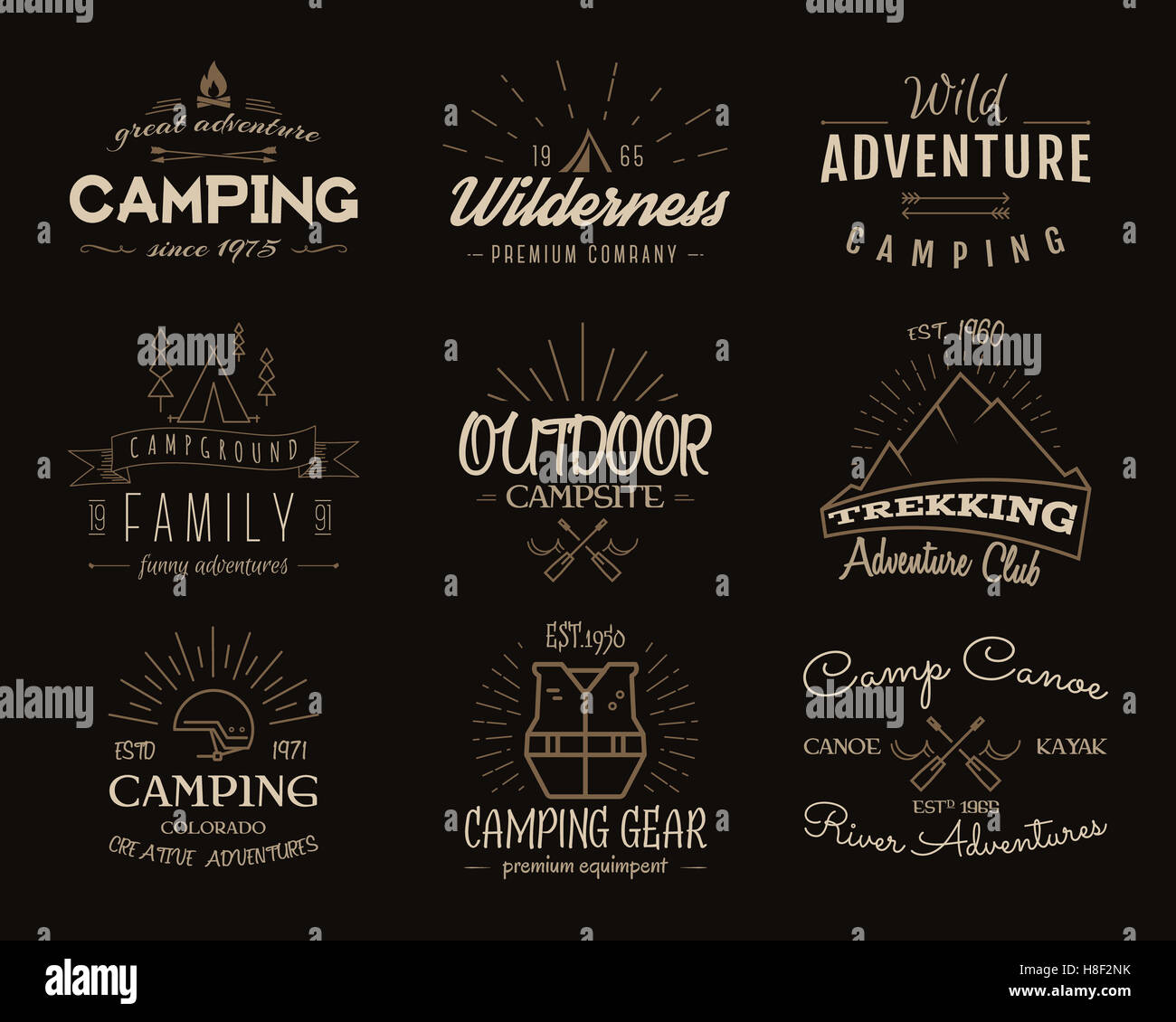 Set of retro badges and label logo graphics. Camping emblems and travel ...