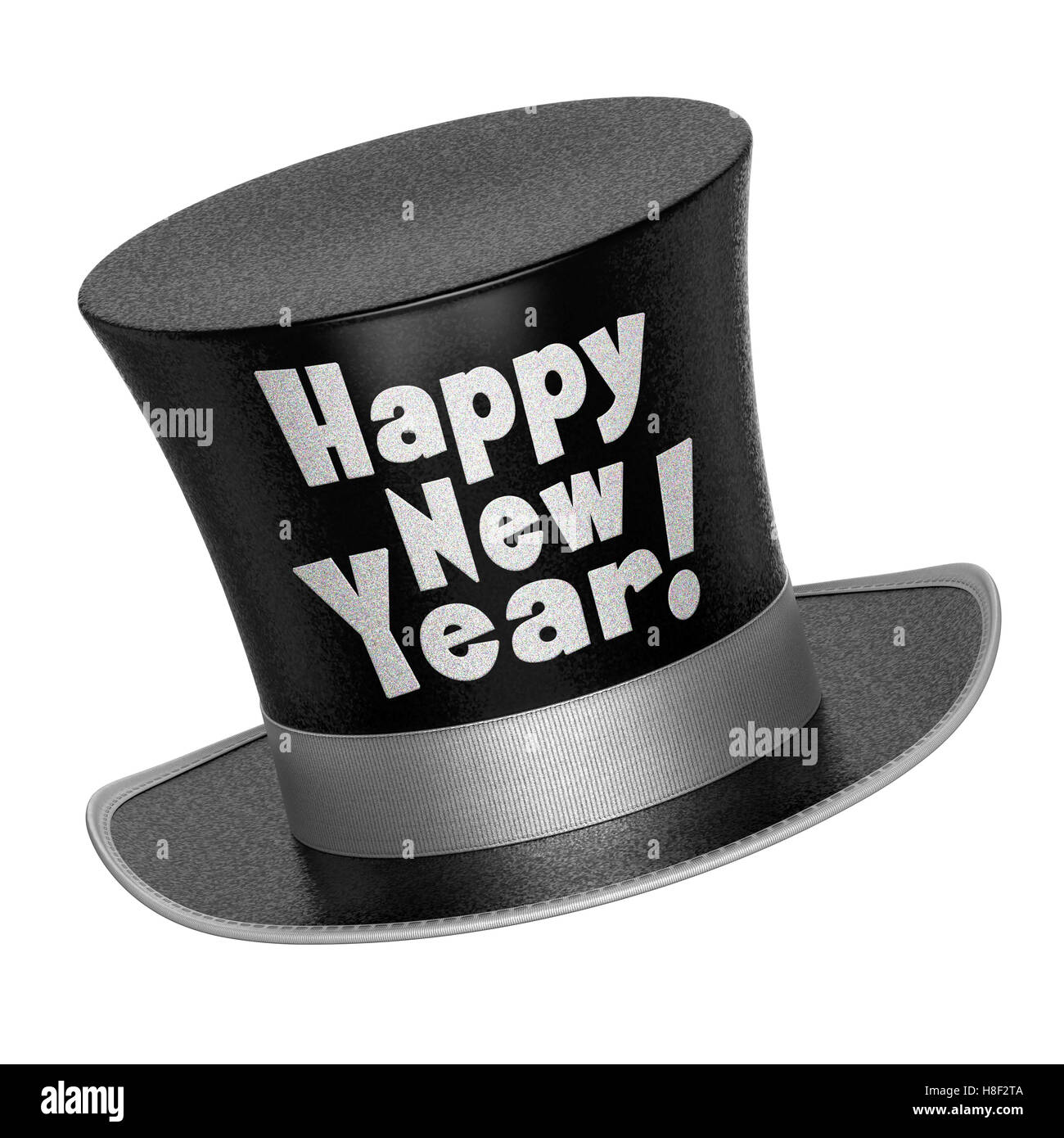 3D render of a black Happy New Year top hat with shiny metallic flakes ...