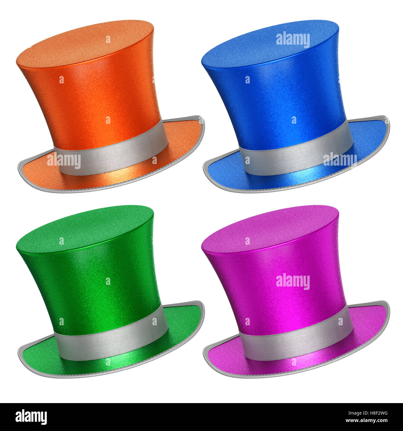 3D rendered collection of colorful decoration top hats with shiny ...