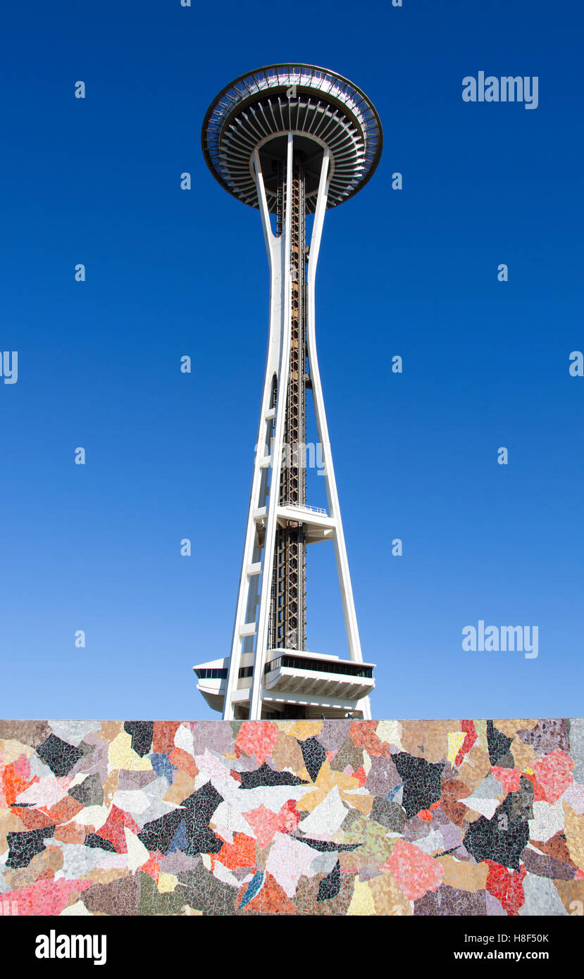 The view of a modern tower over colorful mural in Seattle city ...