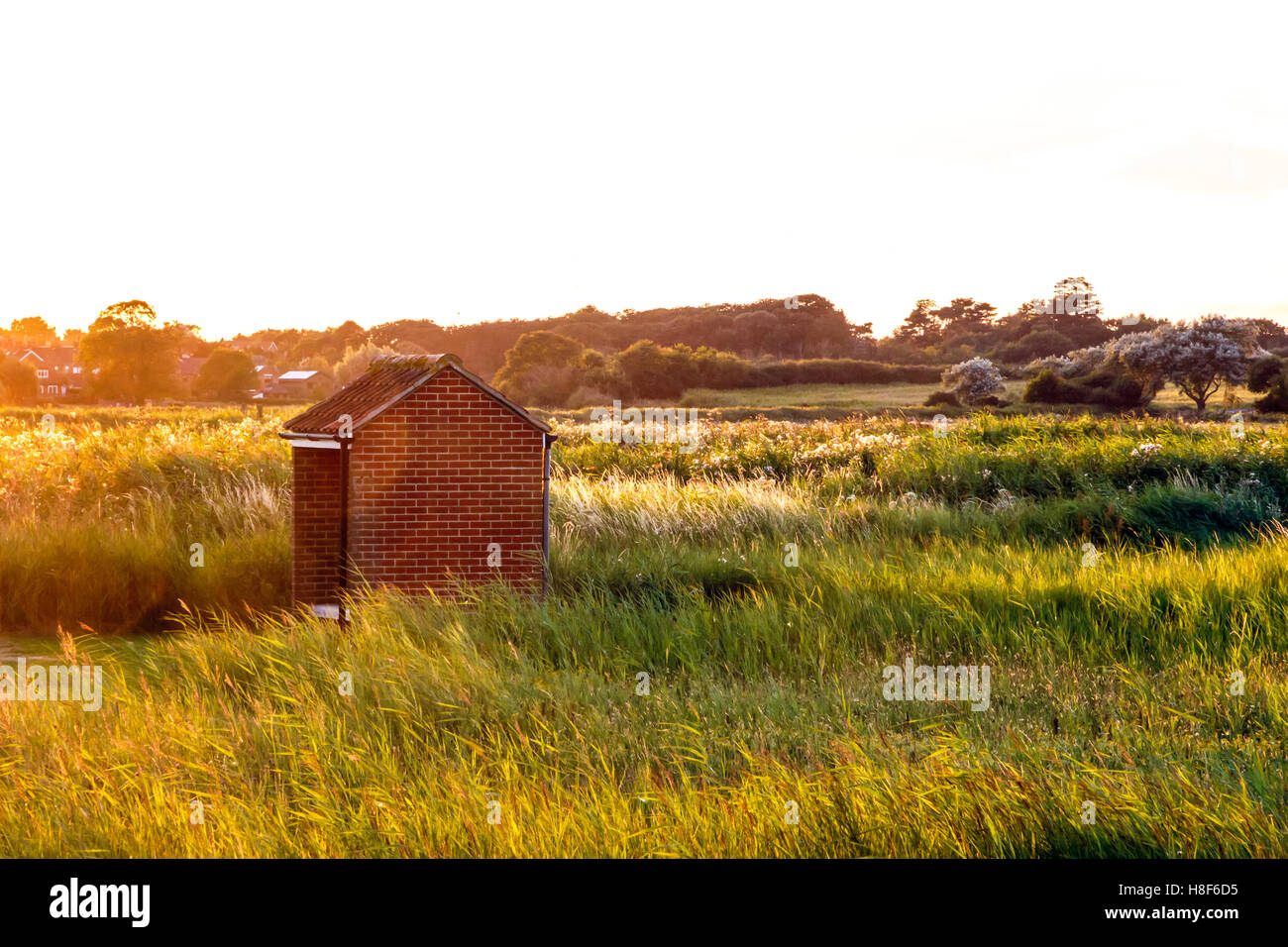 Red brick shed on open land at sunset Stock Photo - Alamy
