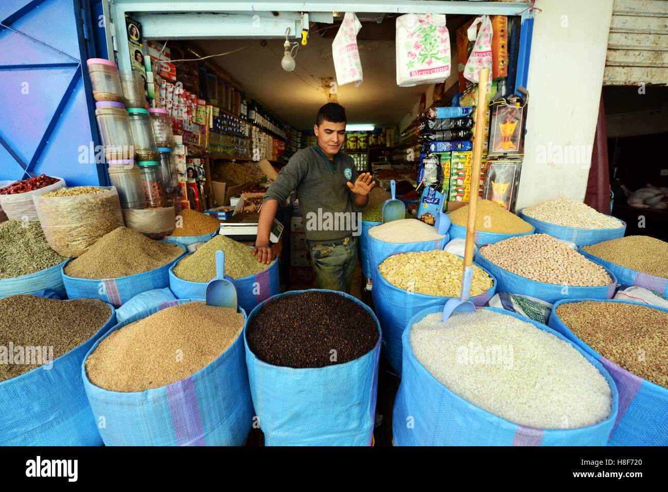 A colorful spice and pulses shop in the old city of Salé, Morocco Stock ...