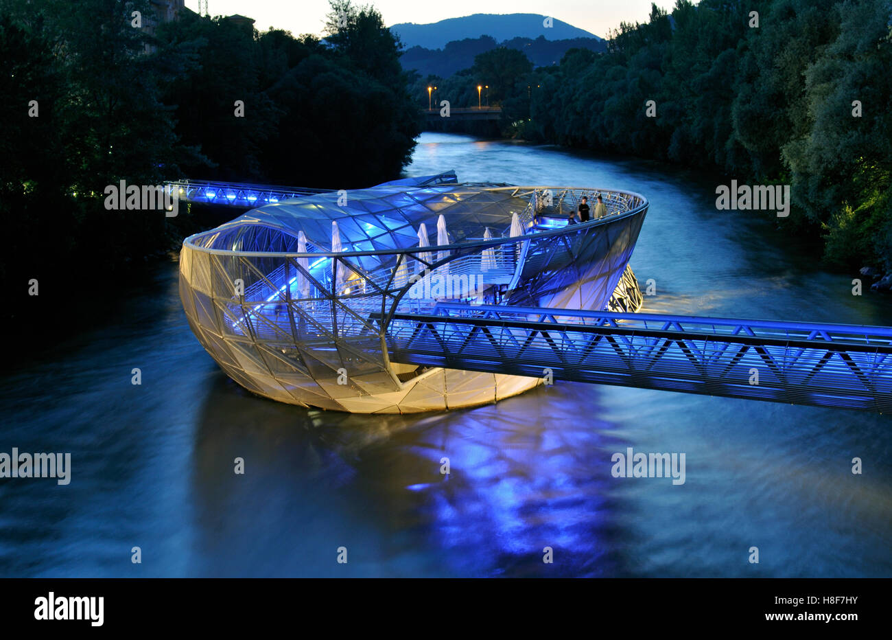 Futuristic shell-shaped artificial Murinsel, Mur Island, with steel ...