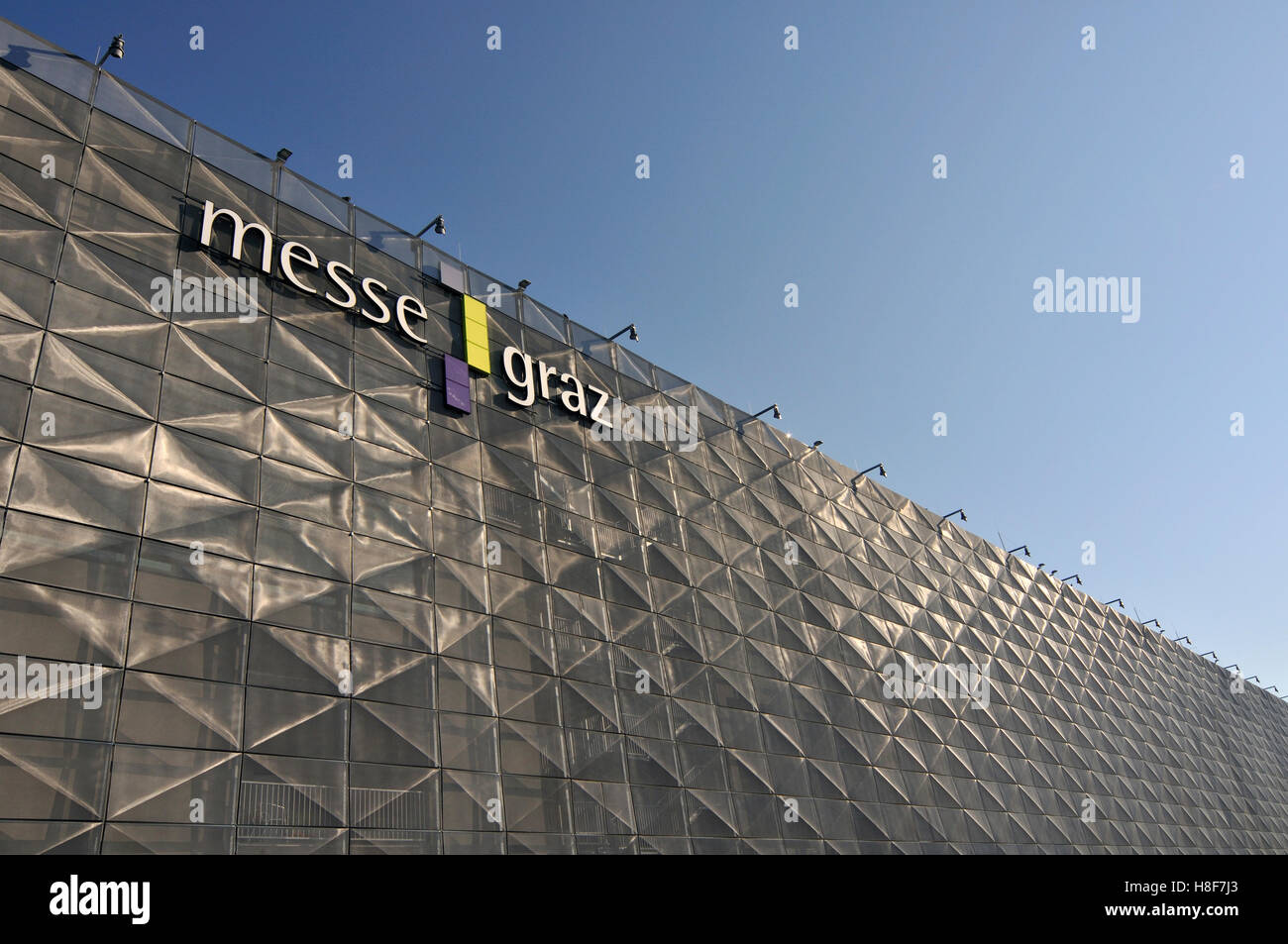 Detail of metallic double facade of hall A of Messe Graz trade fair ...