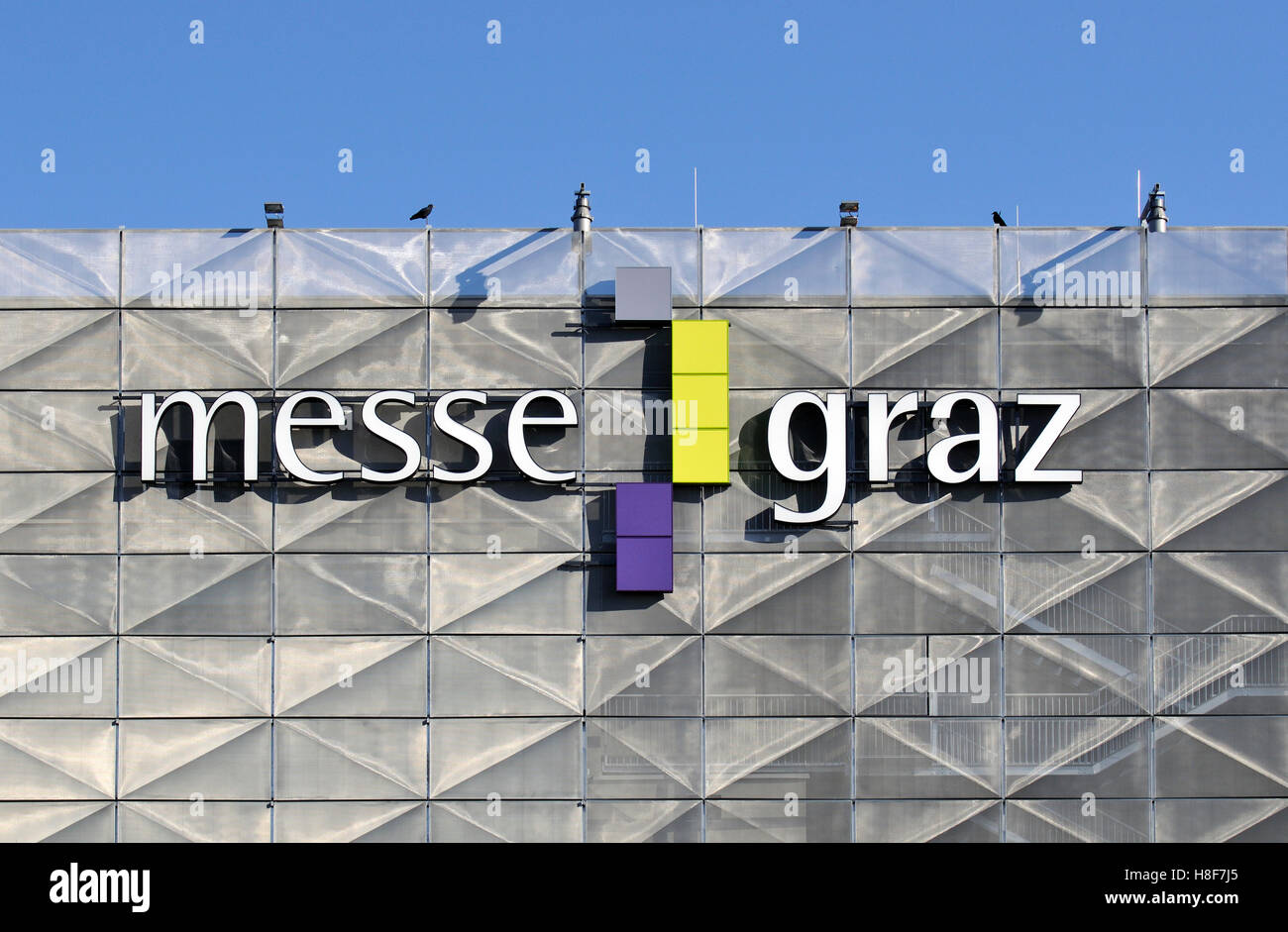 Detail of metallic double facade of hall A of Messe Graz trade fair ...