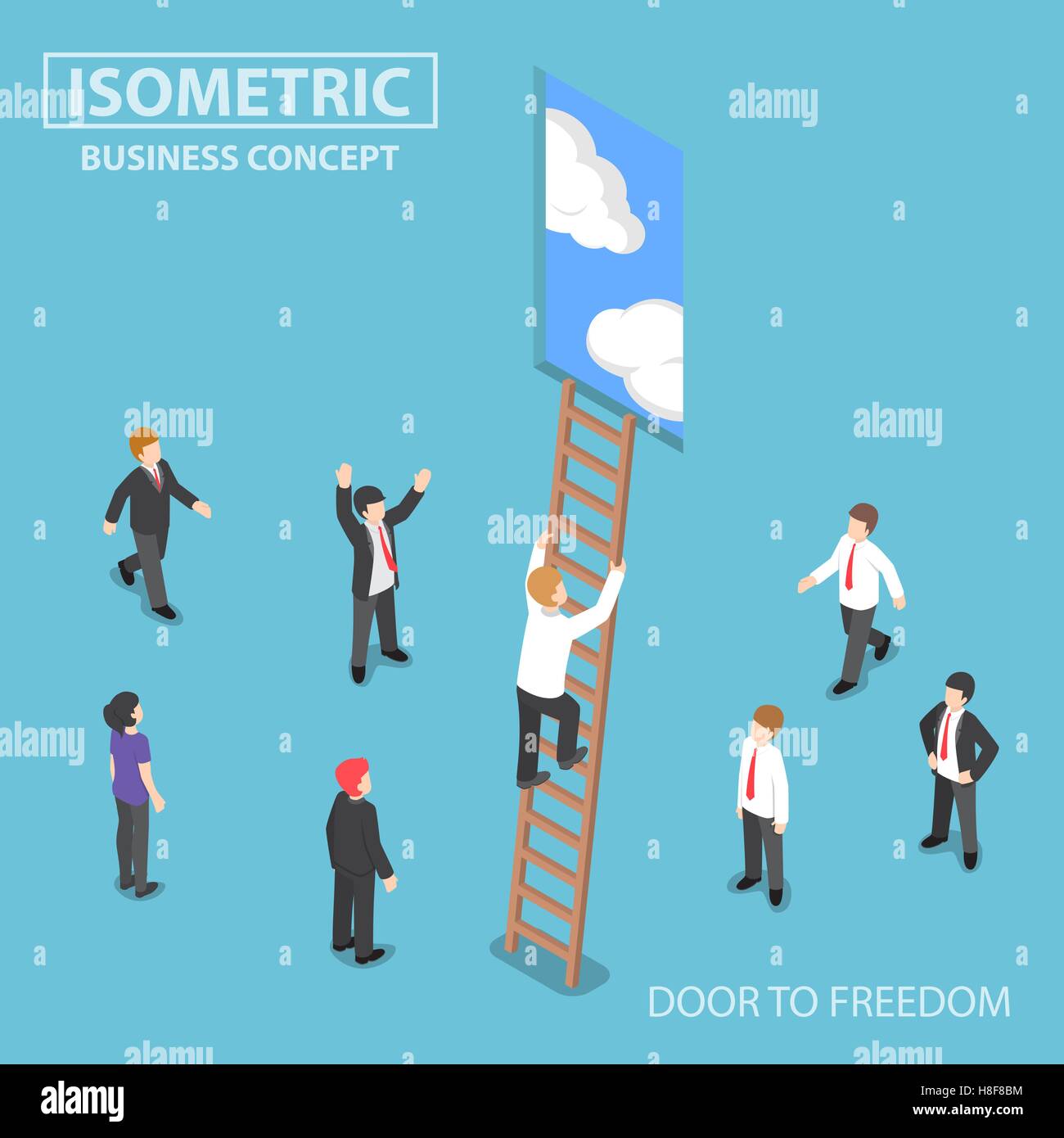 Flat 3d isometric businessman climbing ladder to the door with blue sky ...