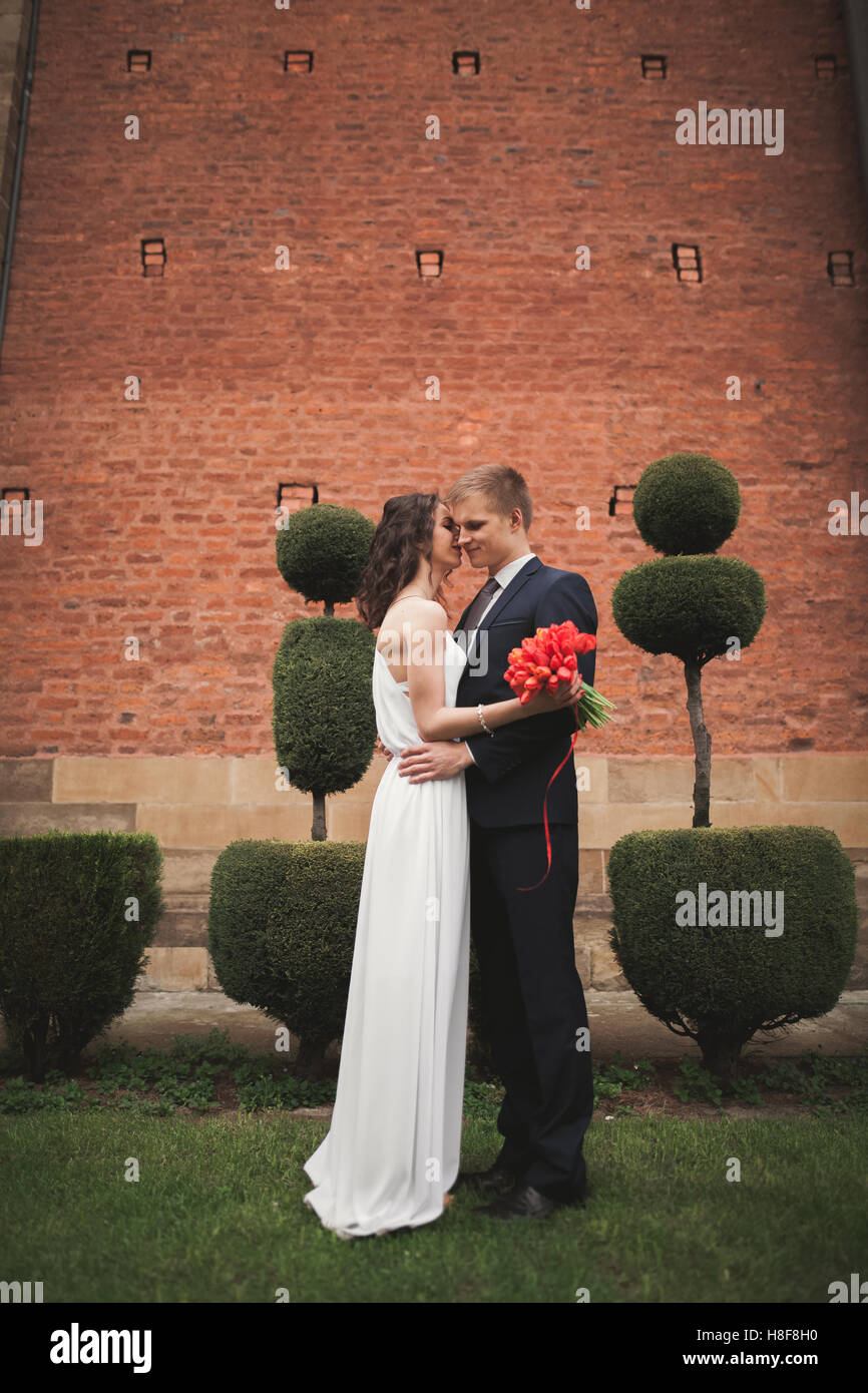 Happy wedding couple hugging and smiling in park with decorative bushes ...