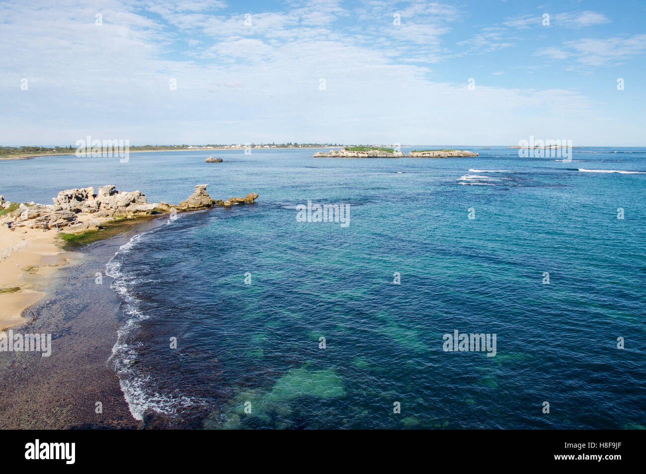 Elevated view over remote beach with the Indian Ocean and limestone ...