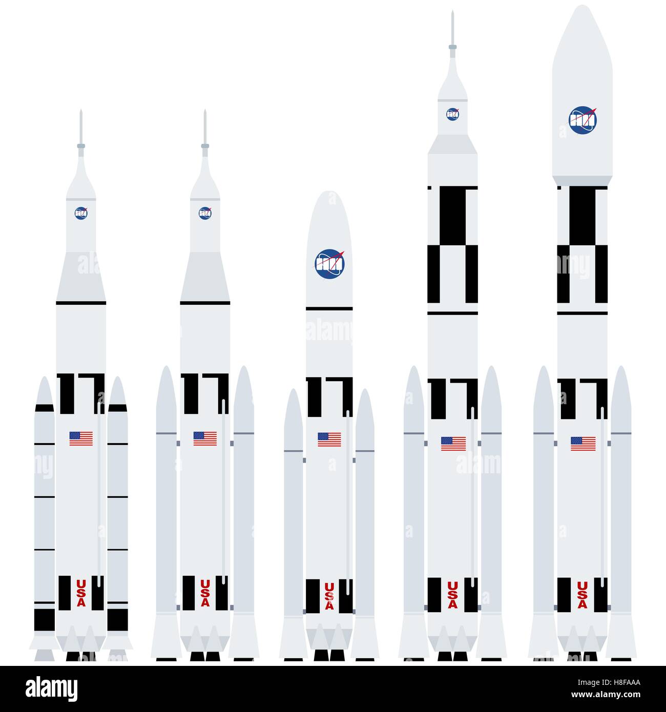 Spaceships. Set of space launch vehicles. The illustration on a white ...
