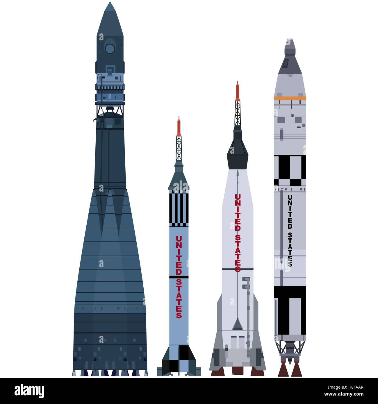 Spaceships. Set of space launch vehicles. The illustration on a white ...