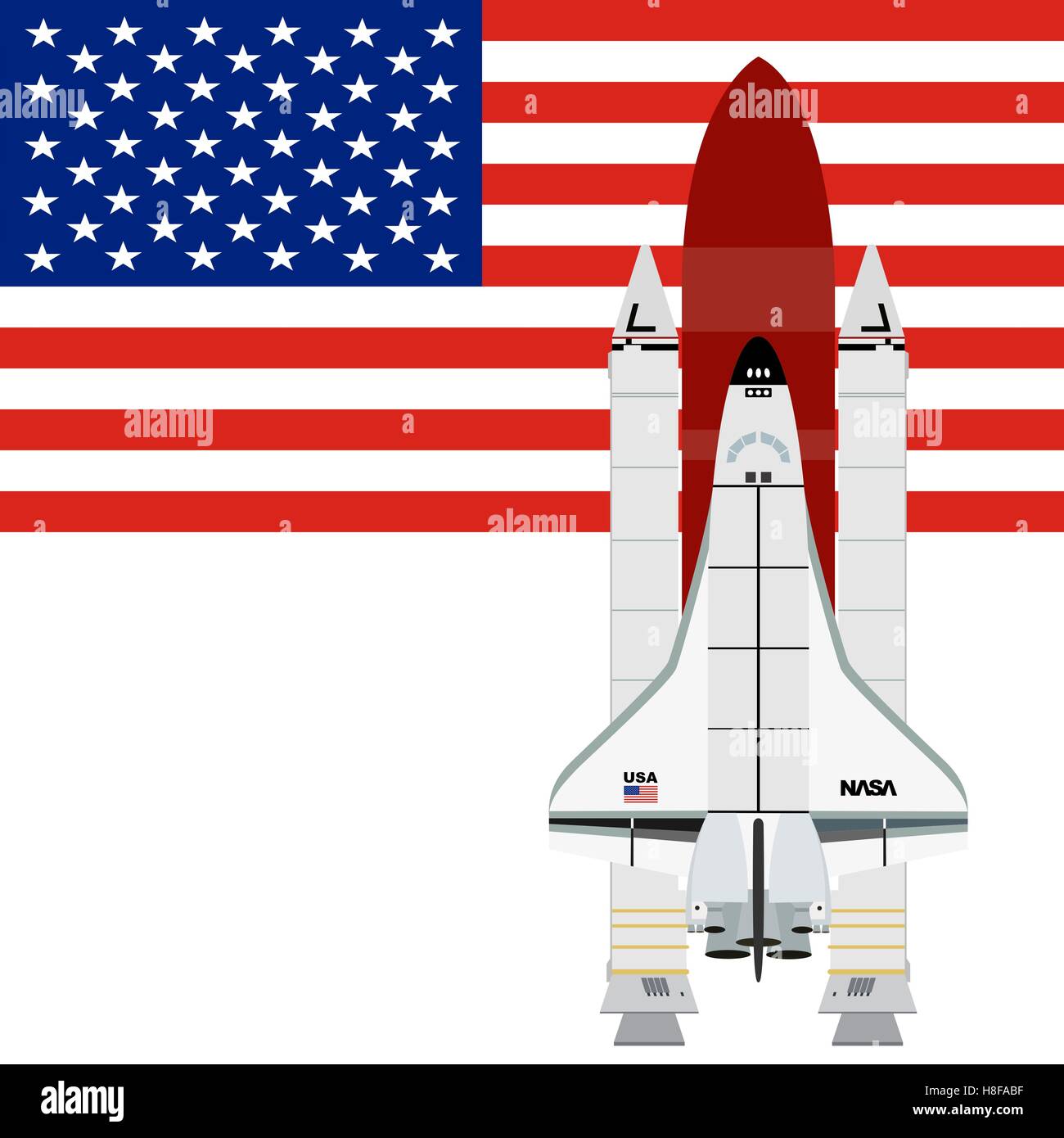 Multi-purpose aerospace system «Space Shuttle» against the background of the American flag. The ...