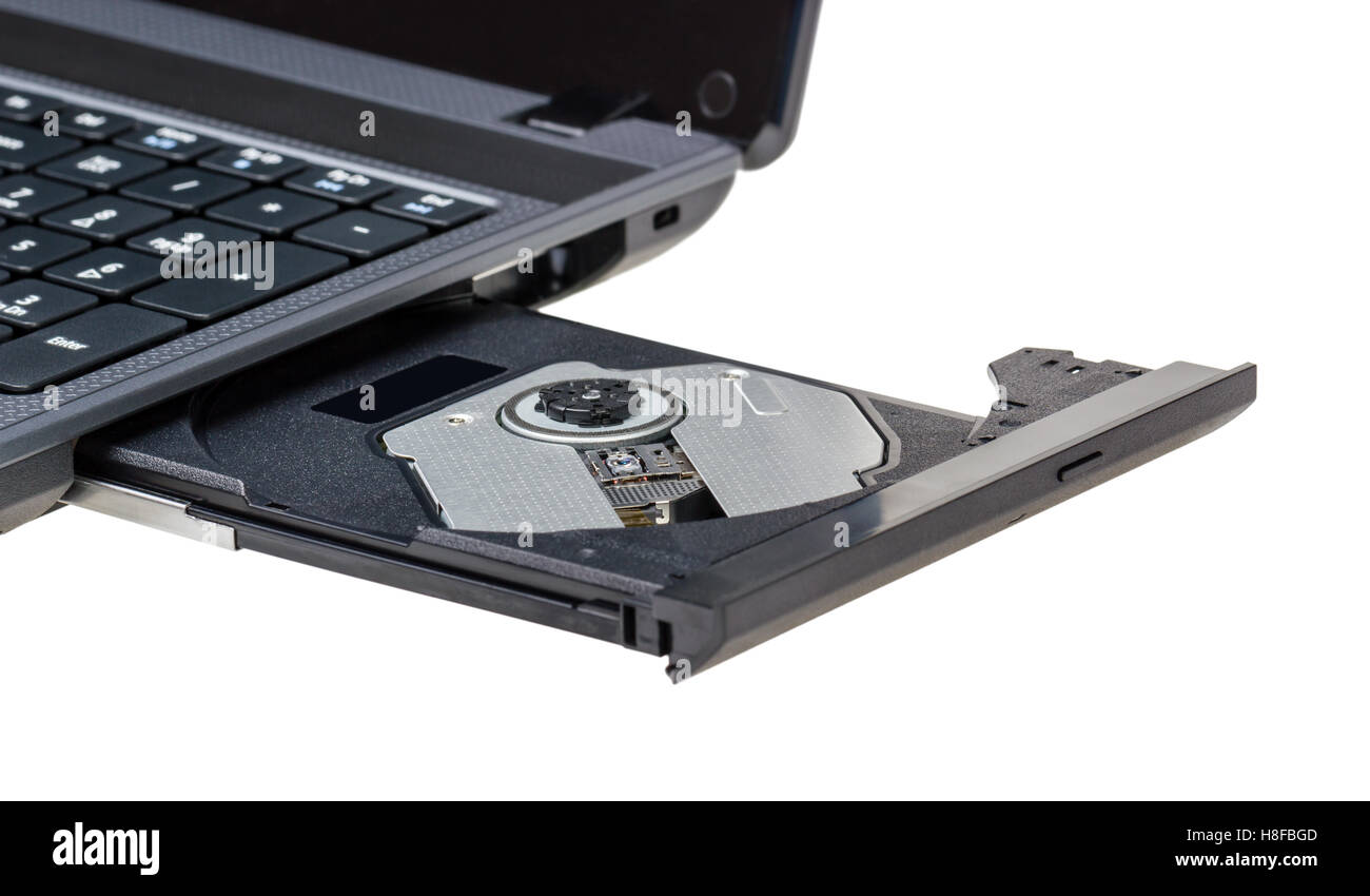 Electronic collection - Laptop with open DVD tray isolated on a white ...