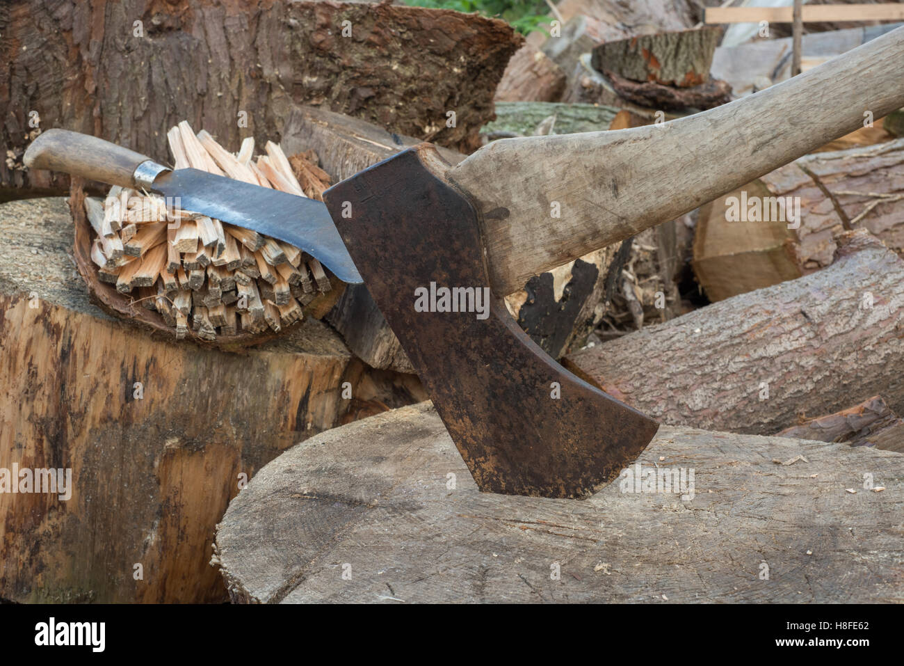 Rusty hatchet on a tree stump with a reaper knife on a pile of sticks ...