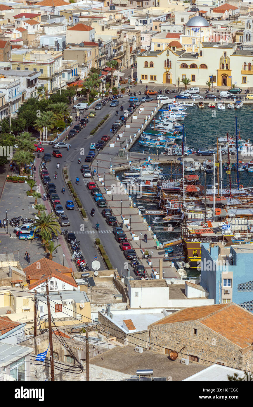 Pothia port and main town of Kalymnos from above, busy Stock Photo - Alamy