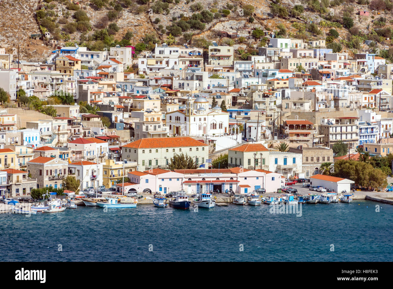 Pothia port and main town of Kalymnos from above, busy Stock Photo - Alamy