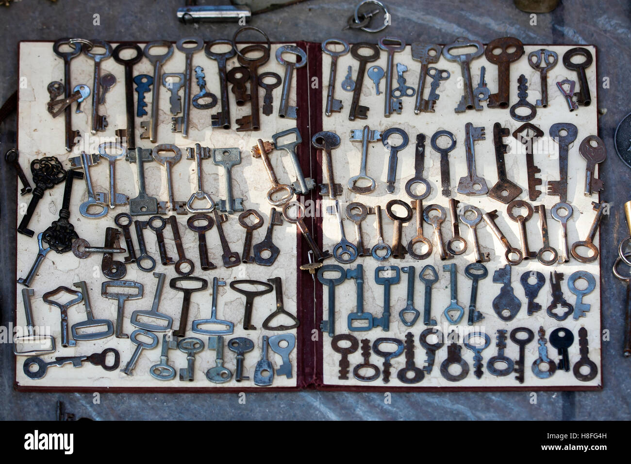 closeup of display of old rusted and brass keys in bulk for decoration ...
