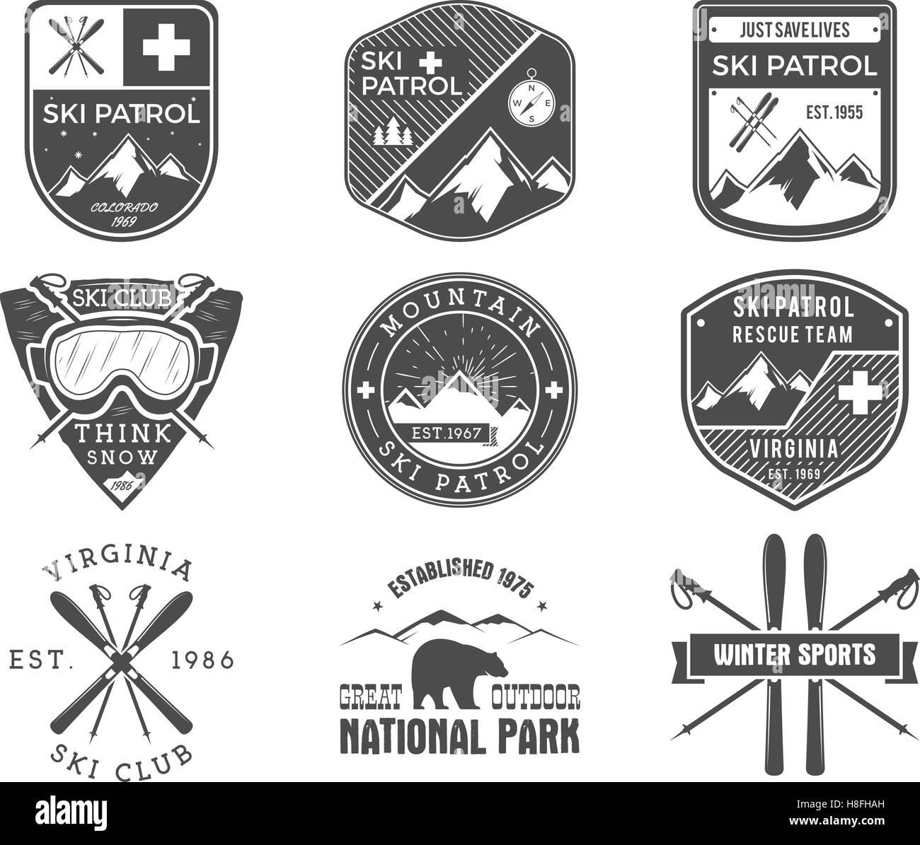 Set of Ski Club, Patrol Labels. Vintage Mountain winter sports explorer ...