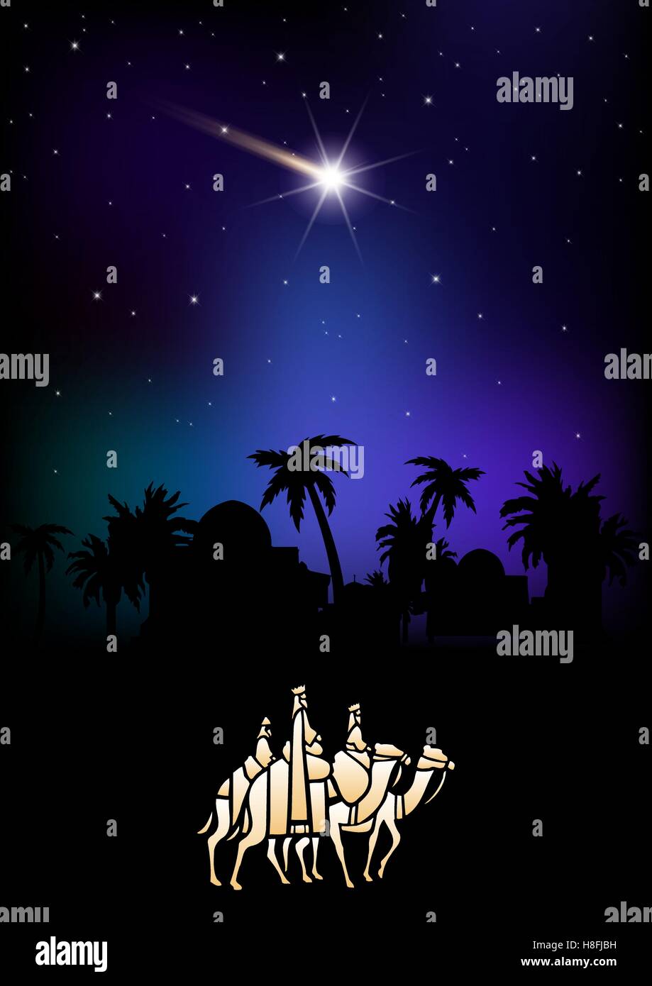Biblical Christmas vector illustration: three Wise Men are visiting the ...