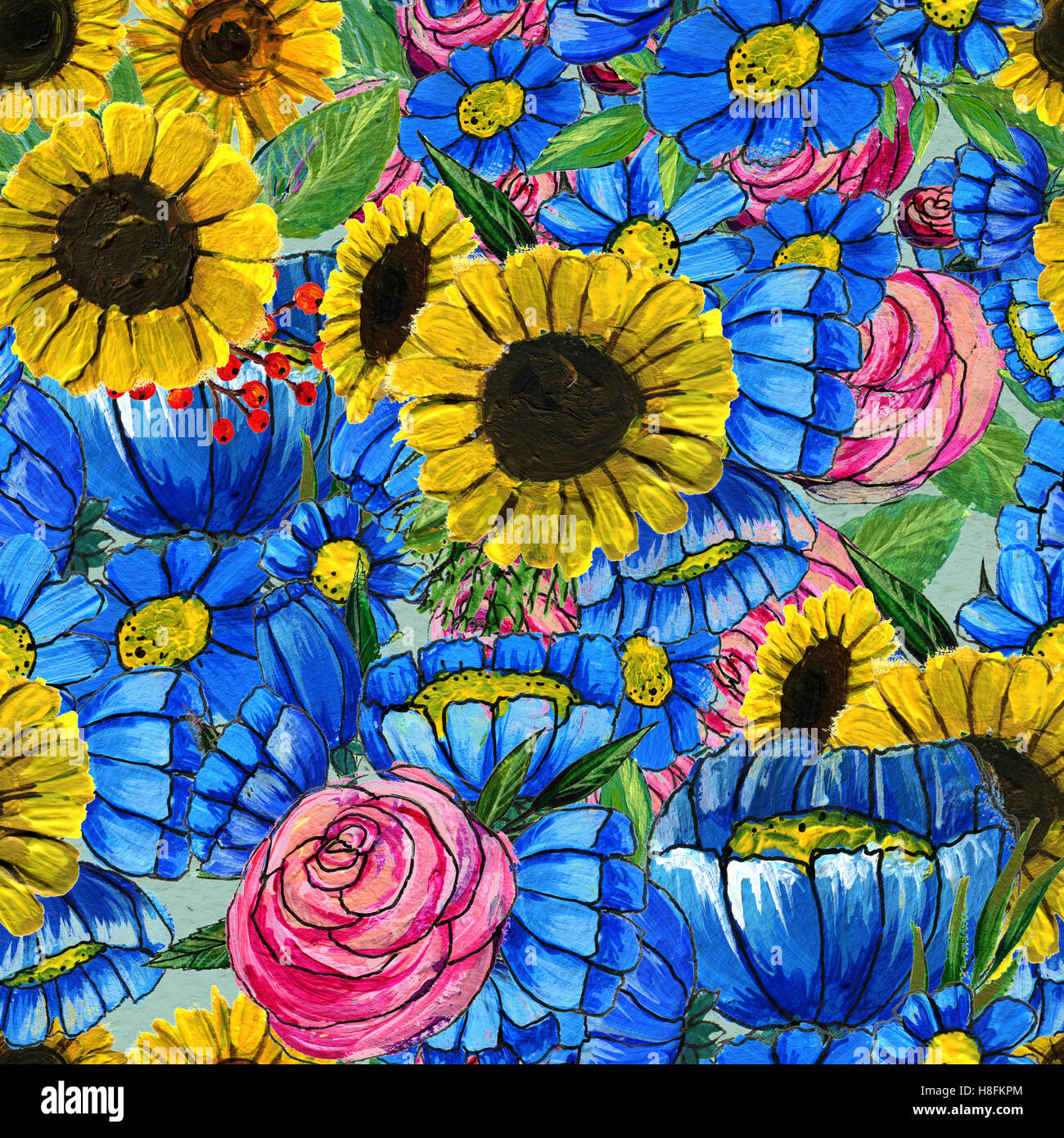 Seamless pattern with blue yellow and pink flowers Stock Photo - Alamy