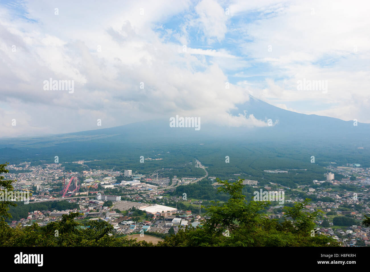 FUJIKAWAGUCHIKO, JAPAN View of Mt Fuji. Fuji-Q theme park visible on ...