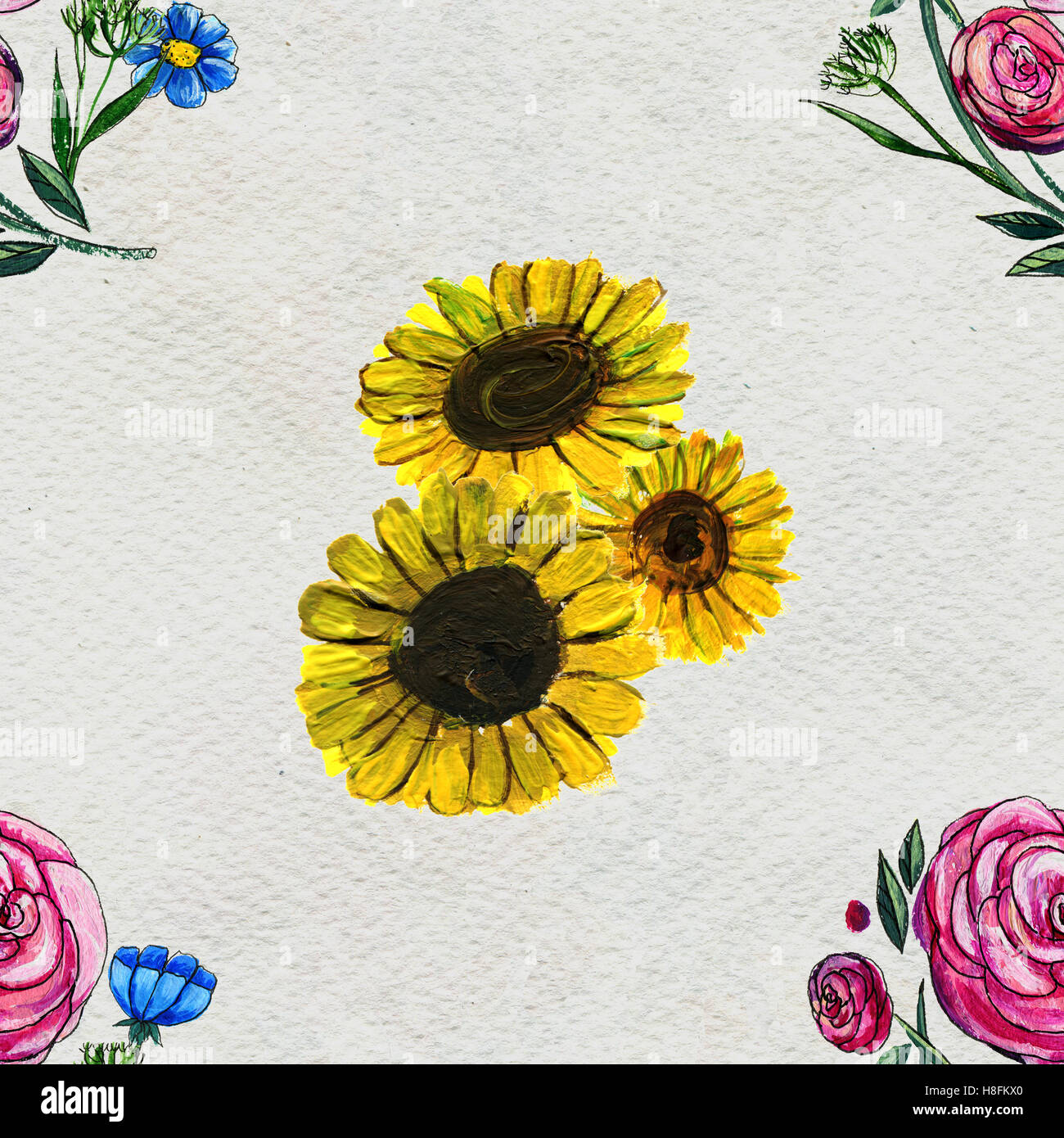 Seamless pattern with sunflowers and roses Stock Photo - Alamy