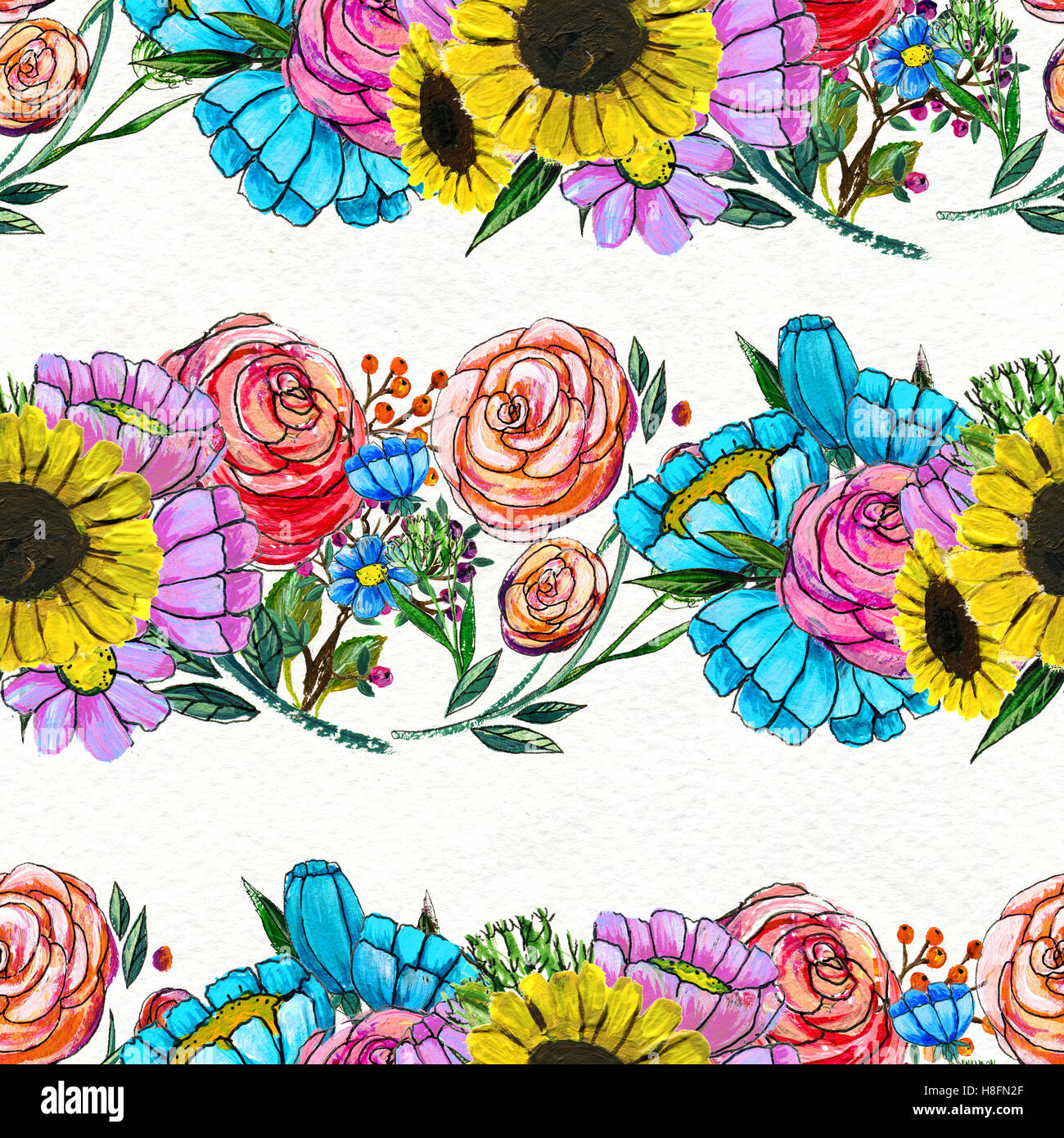 Seamless pattern with blue yellow and pink flowers Stock Photo - Alamy