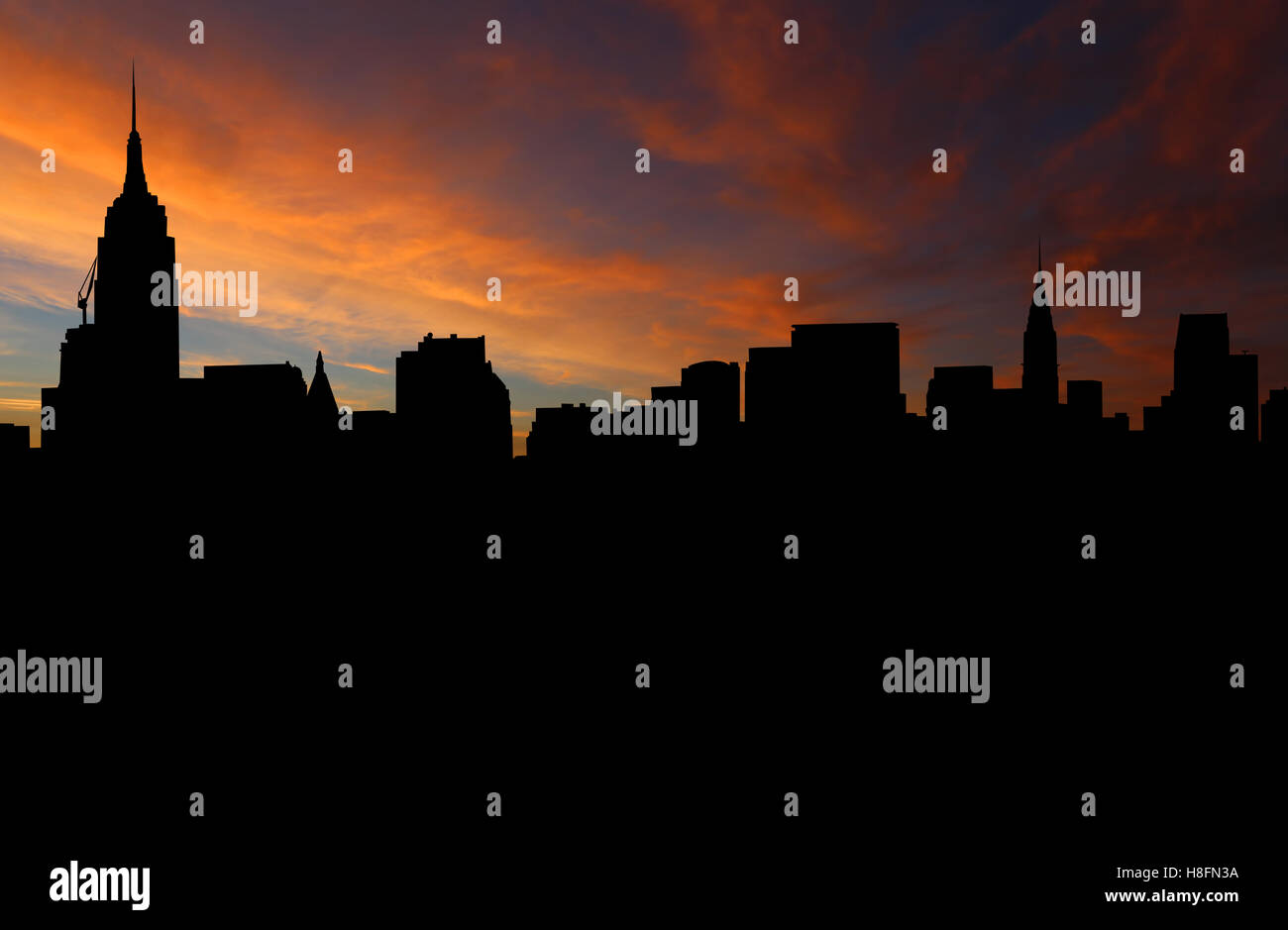Midtown Manhattan skyline with sunset illustration Stock Photo - Alamy