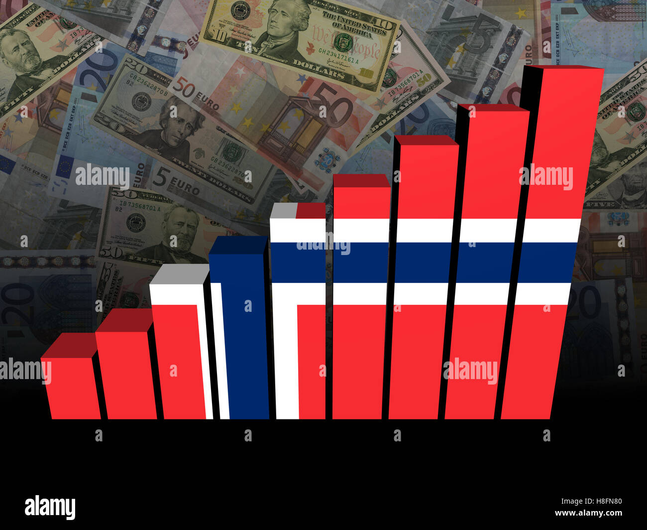 Norwegian flag bar chart over dollars and Euros background illustration ...