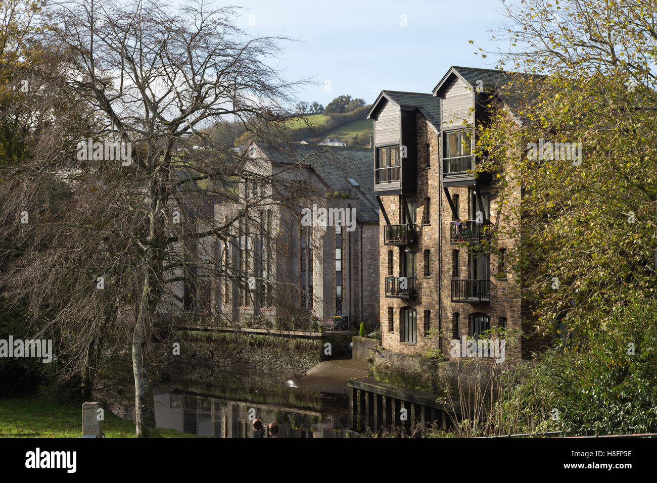 Riverside housing in Totnes, looking across Vire Island, and the "Mill ...