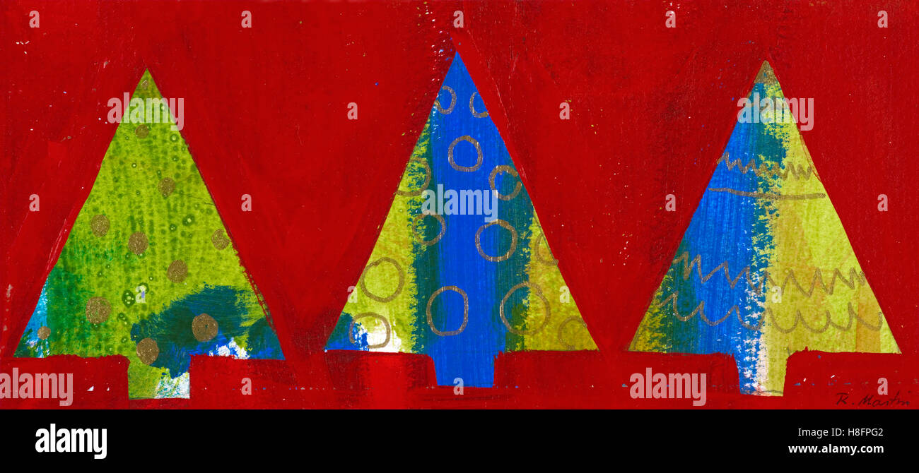 Art, painting of Regine Martin, mixed technique, 3 firs, Christmas ...