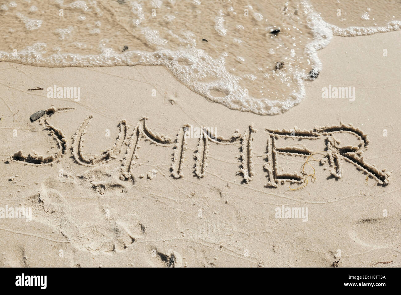 Summer' written in sand, horizontal photograph with small wave washed ...