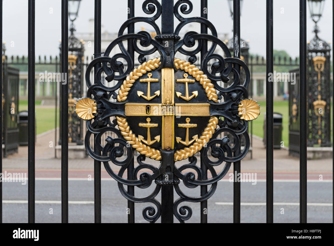 England, London, Greenwich, wrought iron entrance gate close the Royal ...
