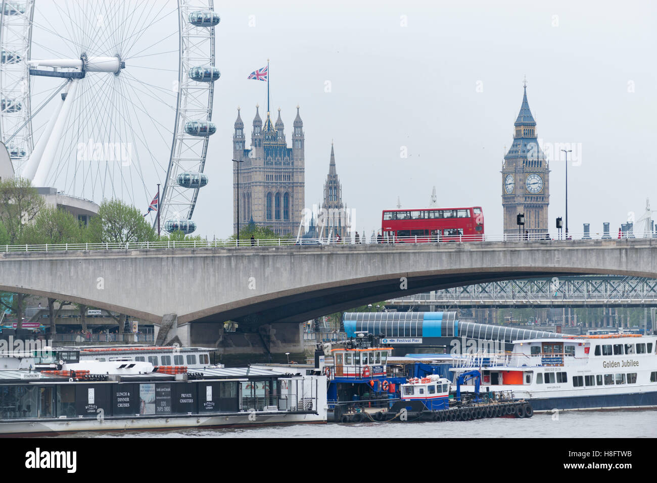 England, London, Waterloo Bridge London Eye and Houses of Parliaments ...