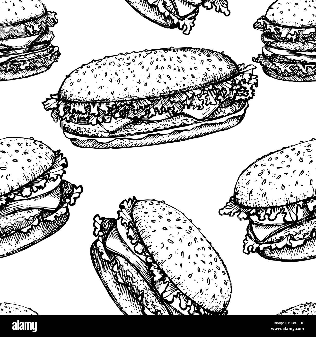 Sketch hamburger or burger vector seamless pattern. fast food ...