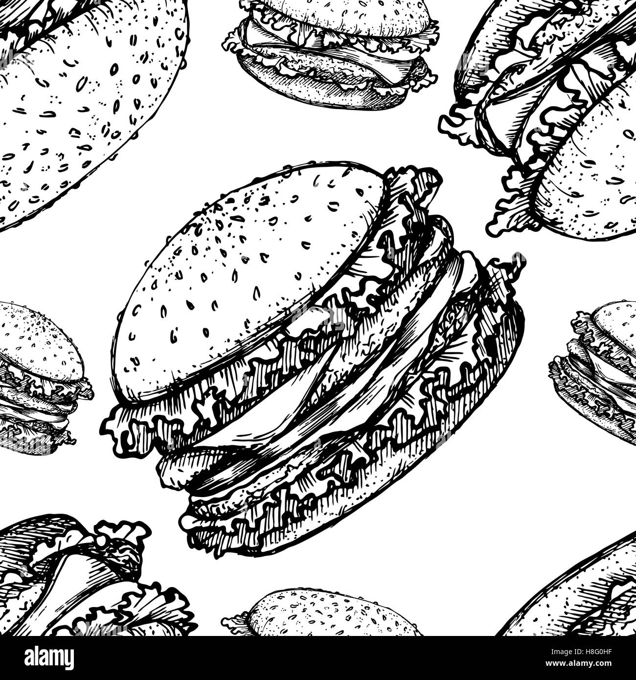 Sketch hamburger or burger vector seamless pattern. fast food ...