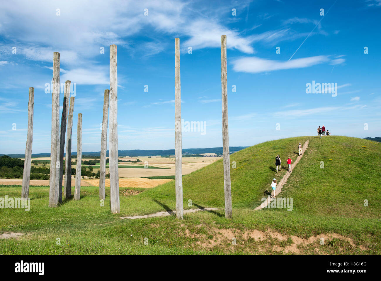 Glauburg, Hessia, Germany, tumulus and wooden posts of the 'Keltenwelt ...