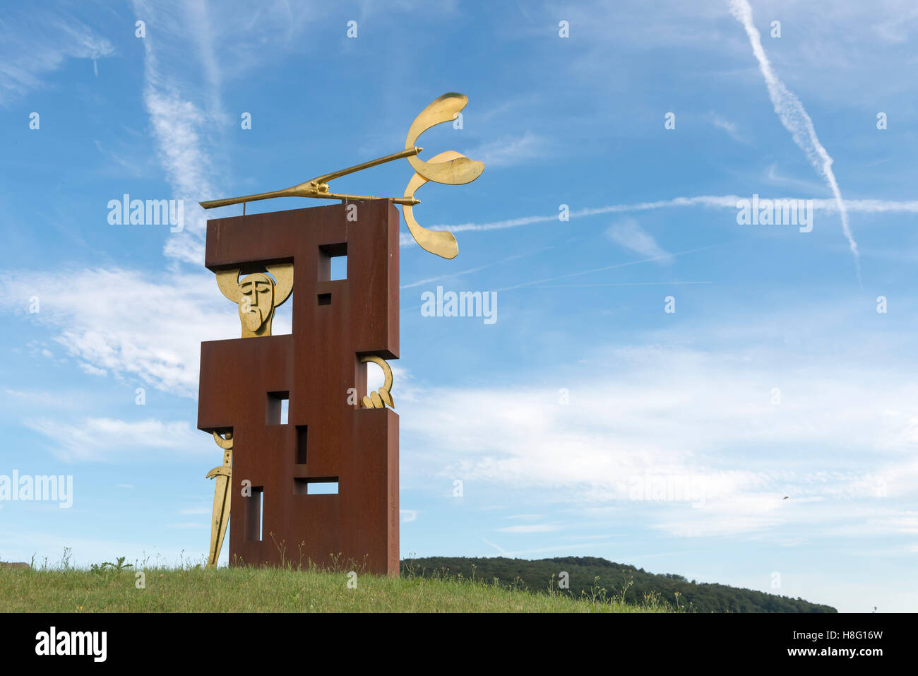 Glauburg, Hessia, Germany, sculpture at the entrance to the town of ...