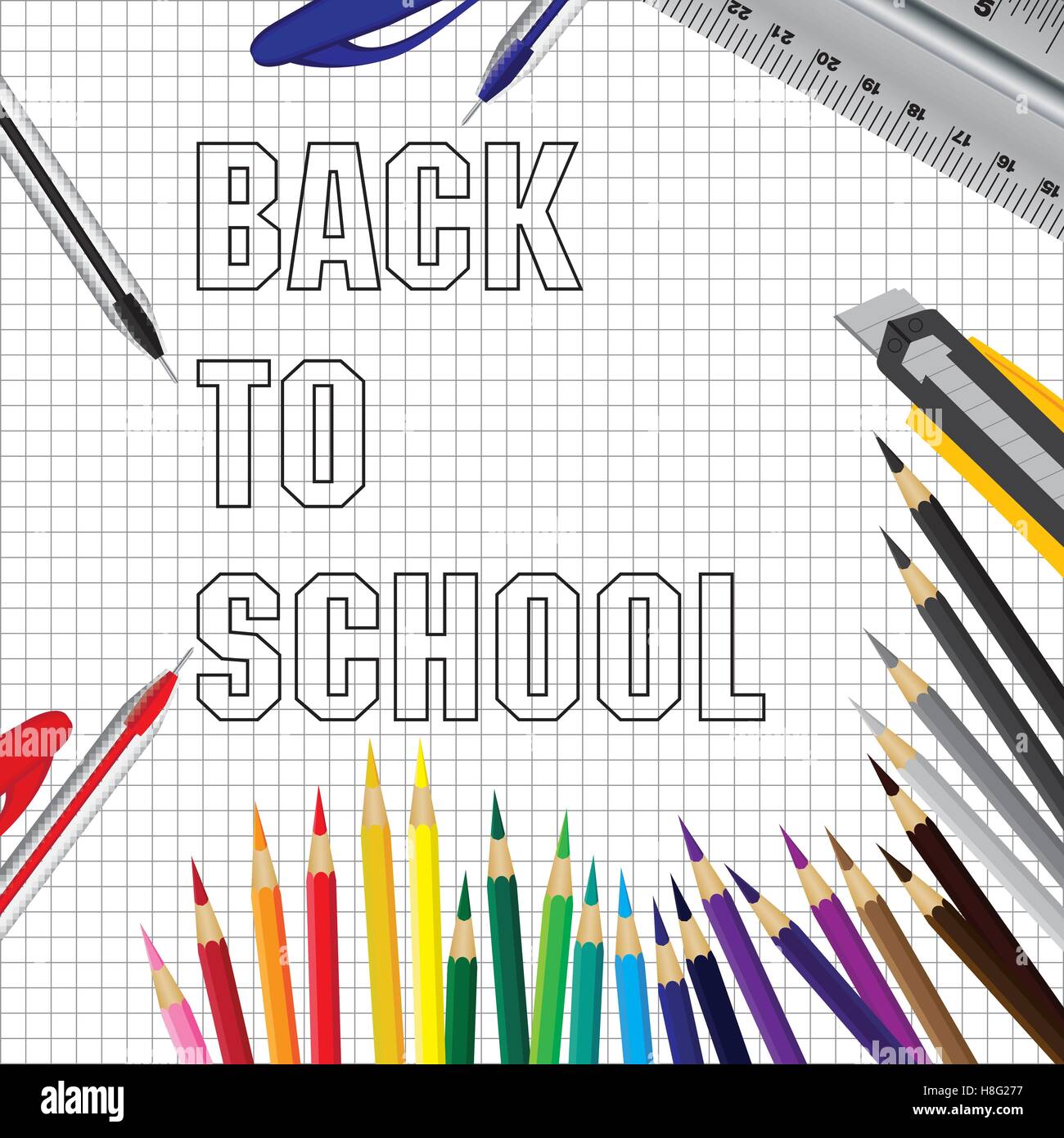 Back to school, school, pen, ruler, back, vector, white background ...