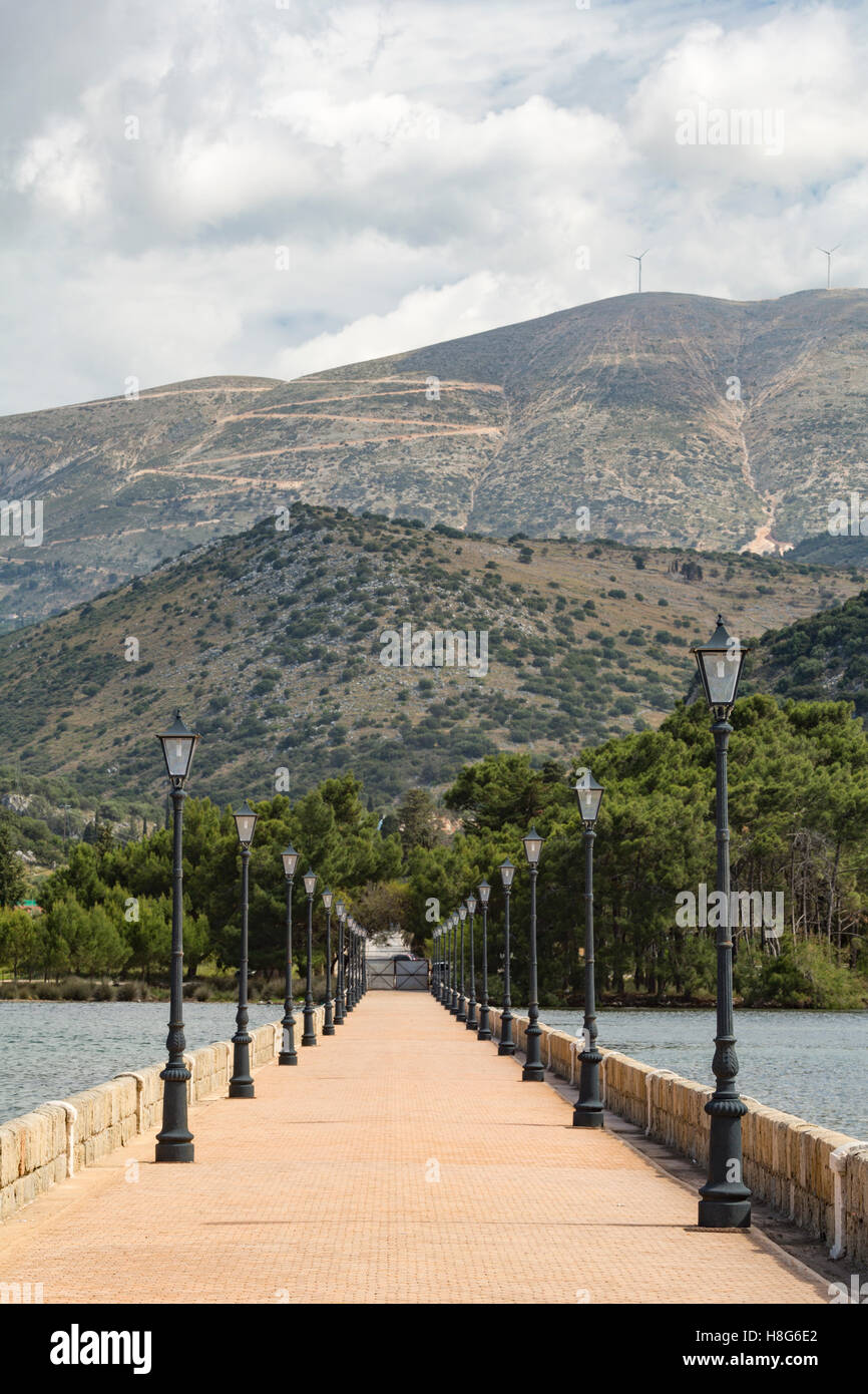Drapano Bridge spans Argostoli Bay, Kefalonia, with Mount Aenos in the ...
