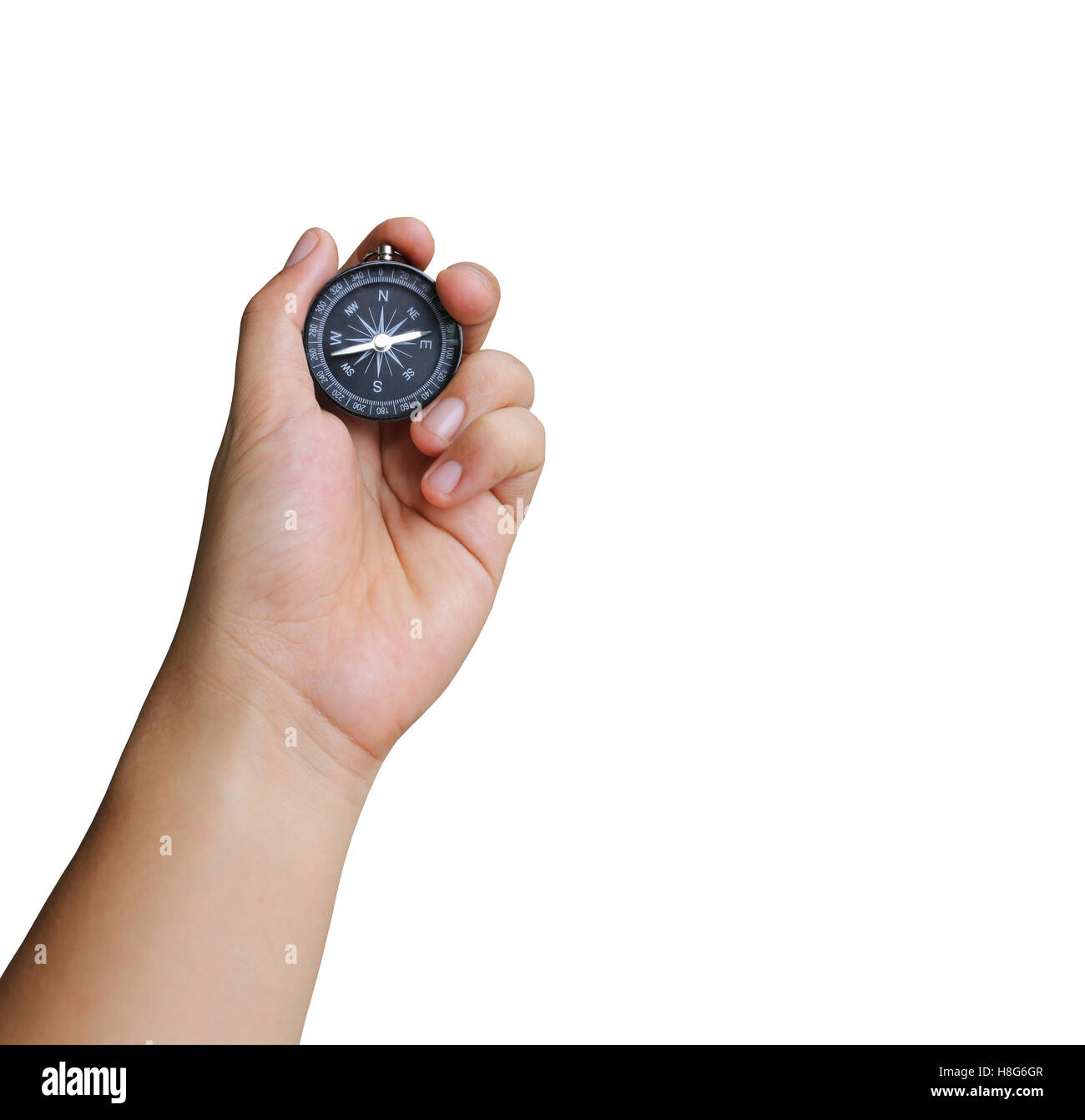 hand of a man holding a compass on white background and have clipping ...