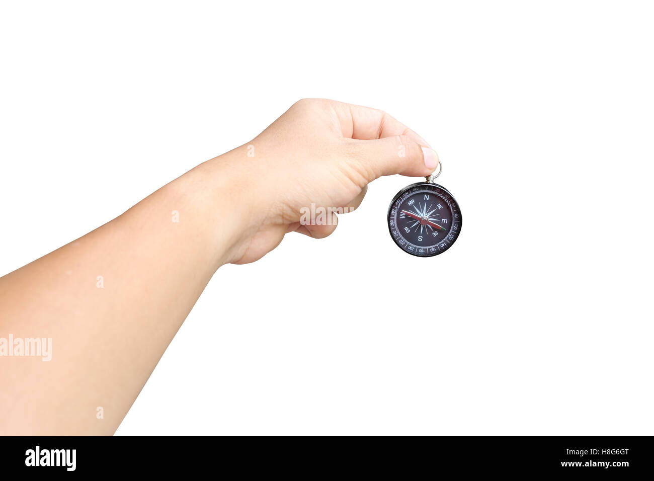 hand of a man holding a compass on white background and have clipping ...