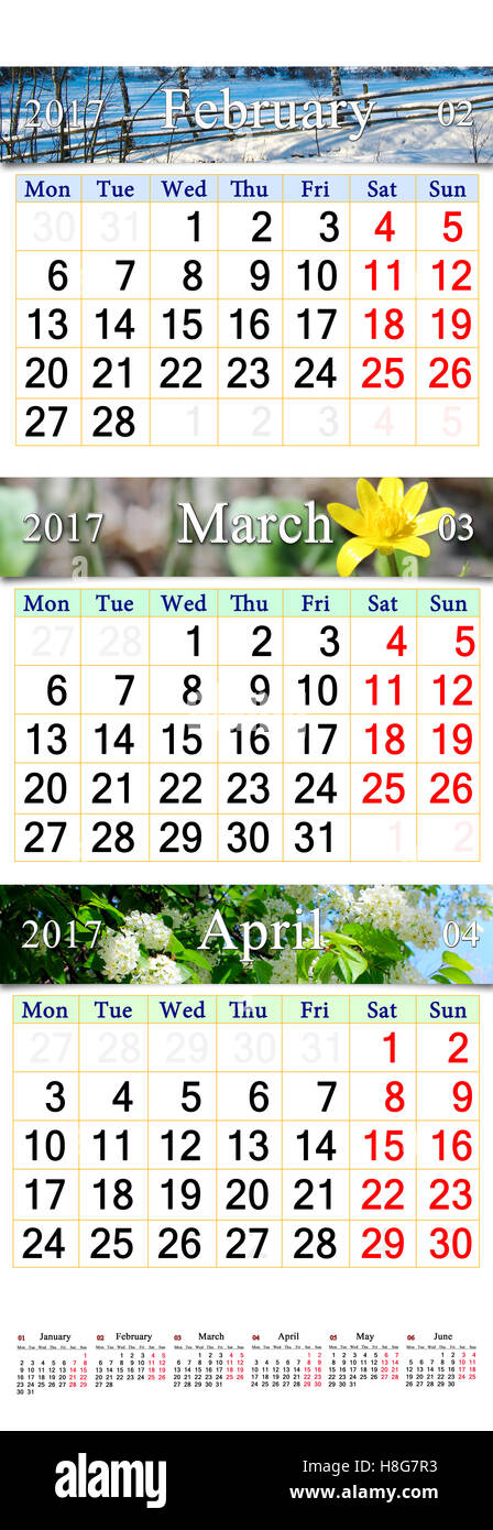 triple calendar for three months of 2017 with pictures of nature Stock ...