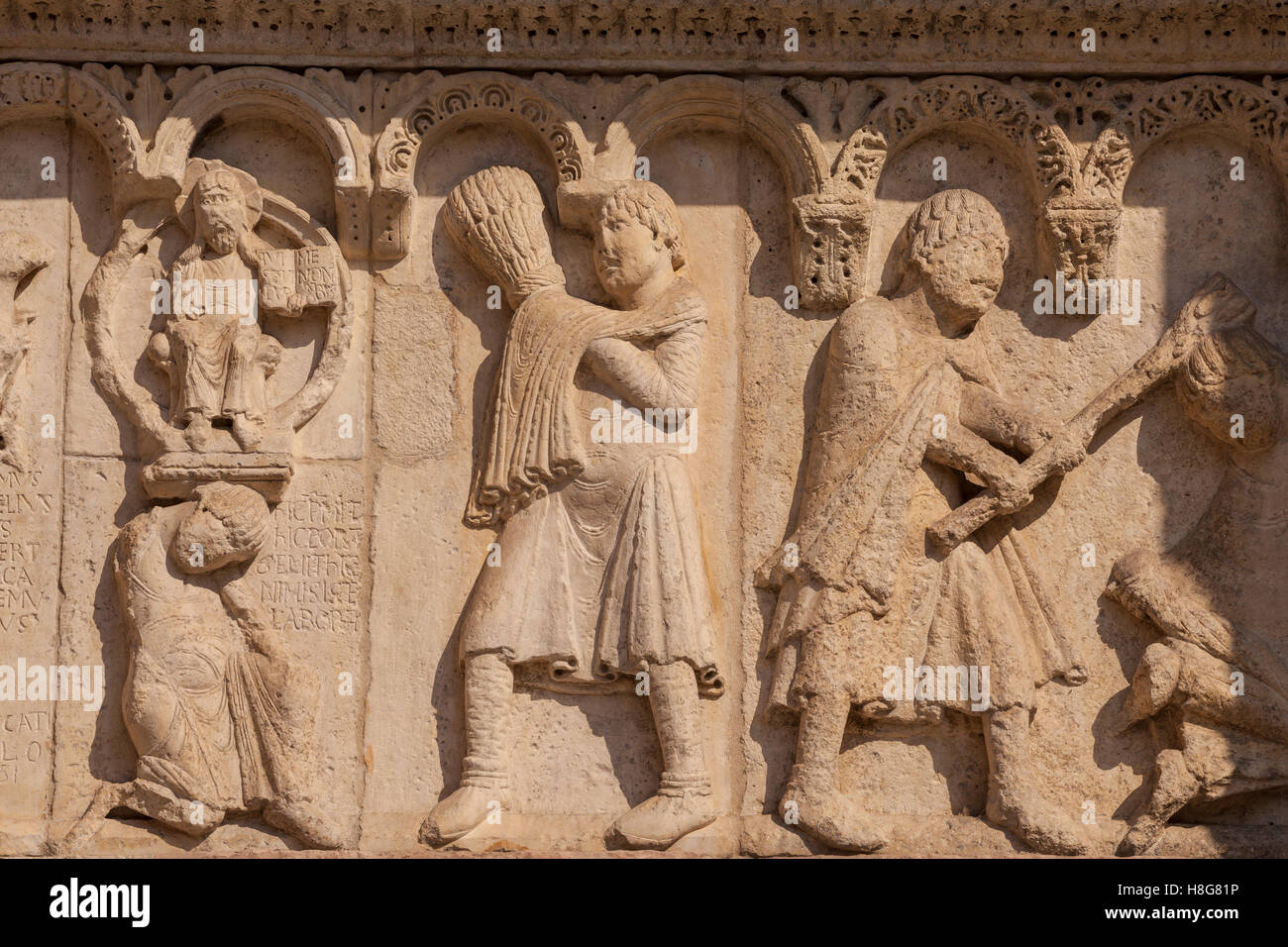 Sculptures on Modena cathedral in Modena, Italy. The building dates ...