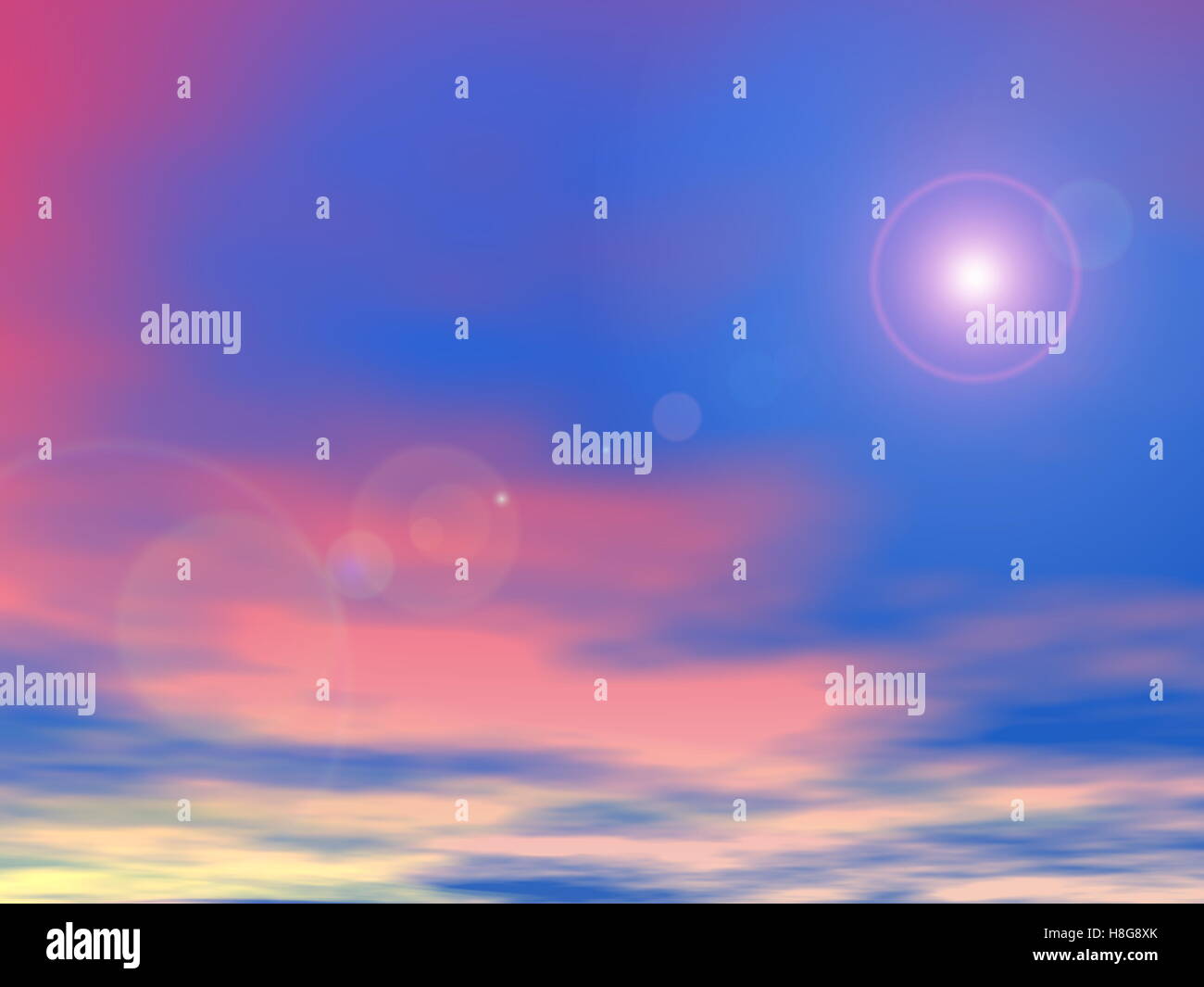 Sun shining in a colorful sunset sky background - 3D render Stock Photo ...