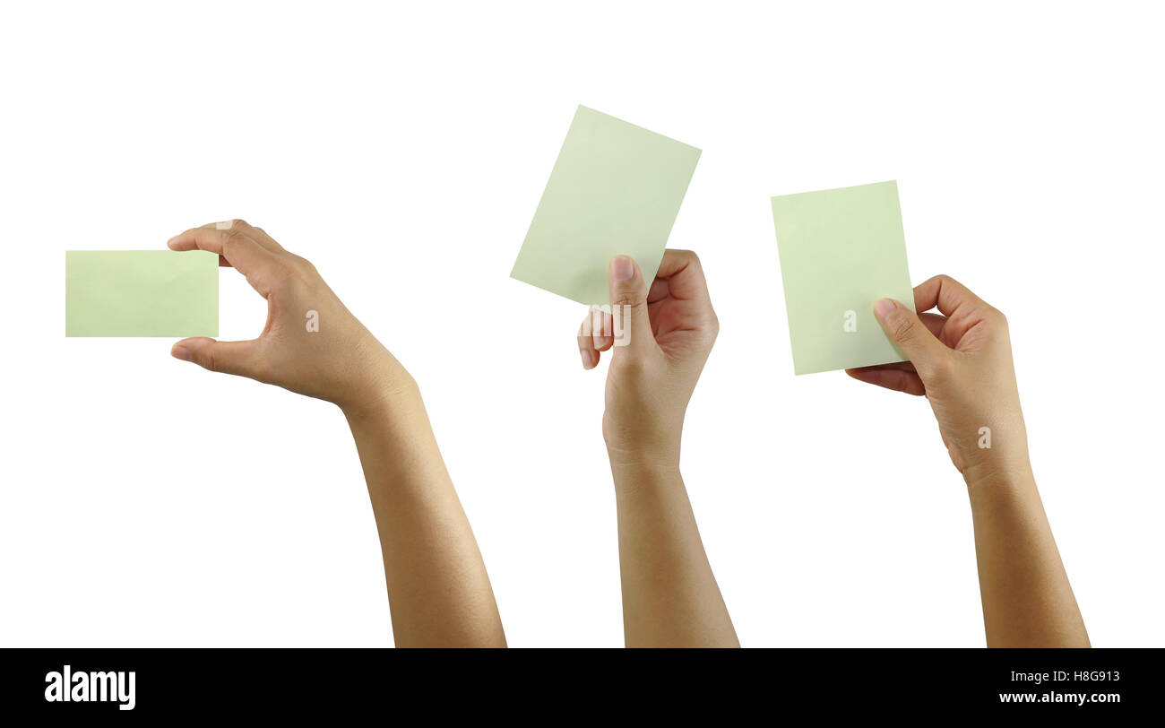hand of man hold a note paper isolated on white background and have ...