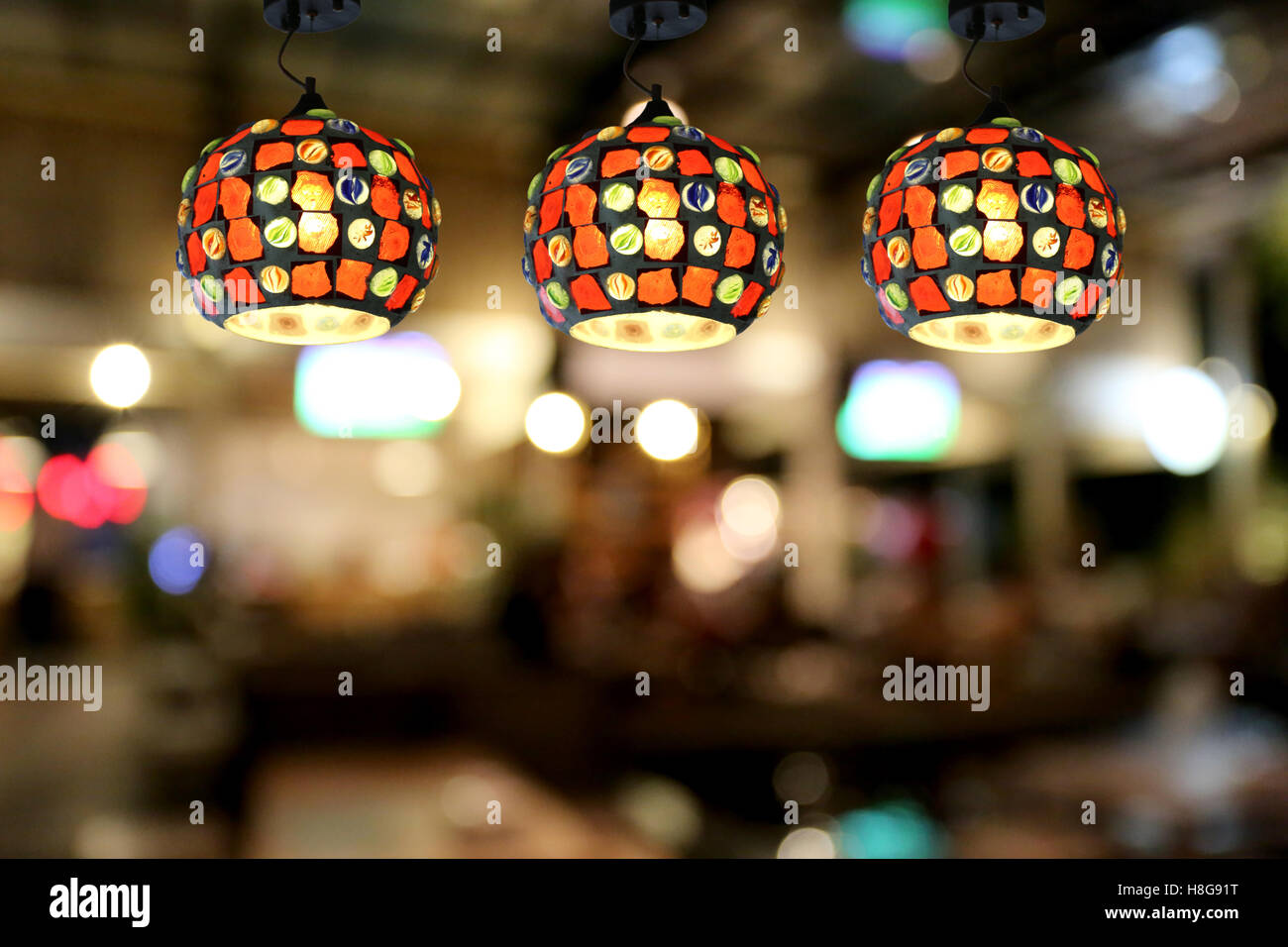 Warm lighting modern ceiling lamps in the cafe and interior decoration ...