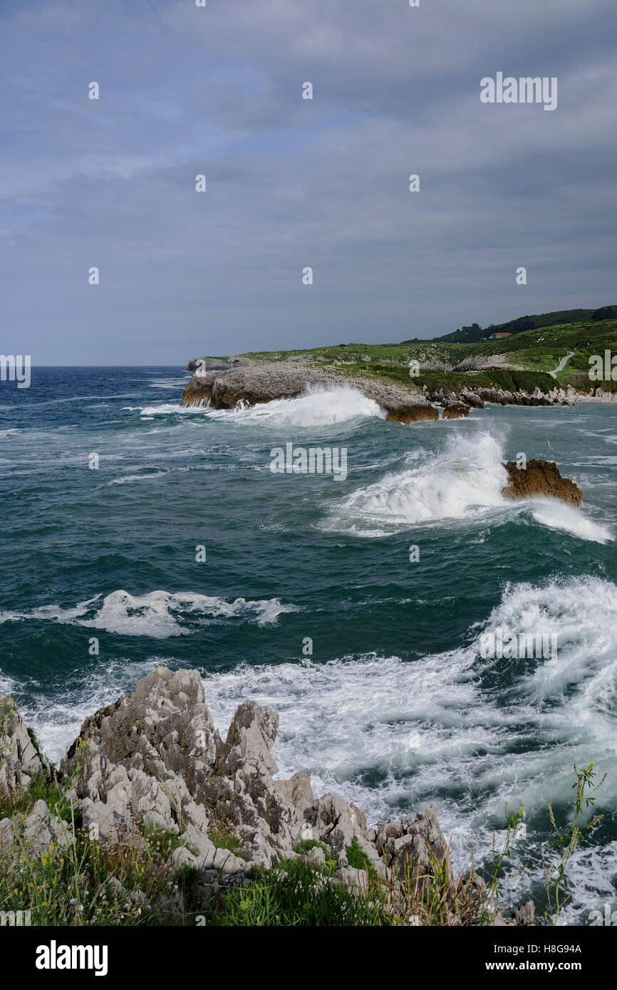 Aerial view of the beach in Llanes, Asturias, Spain, Europe Stock Photo ...