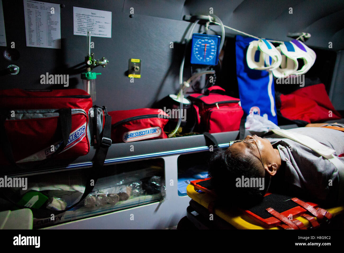 An injured lying inside an ambulance after involved in motocyled ...