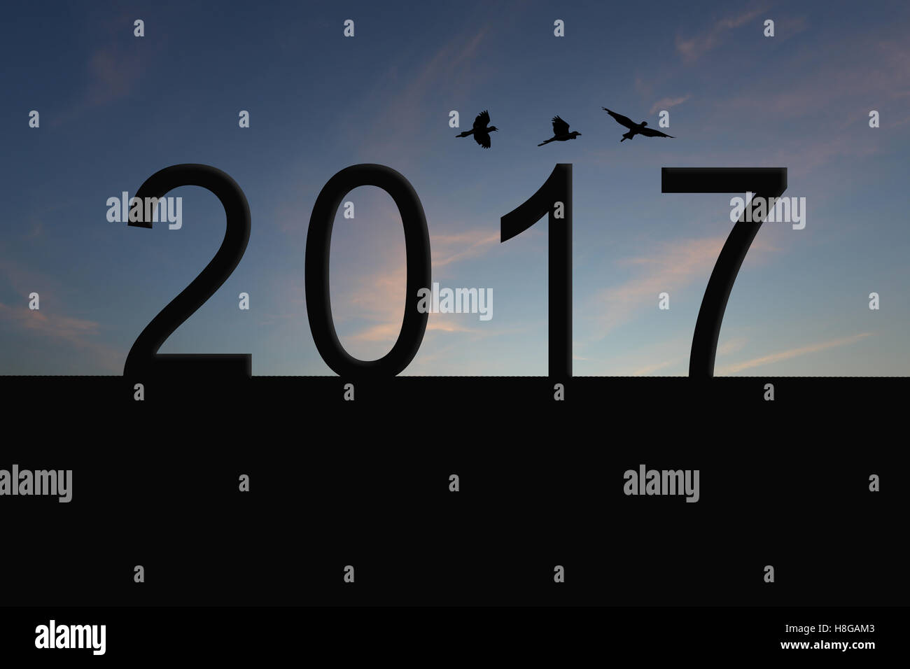 Silhouette of number 2017 on the house roof and sunset in twilight sky ...